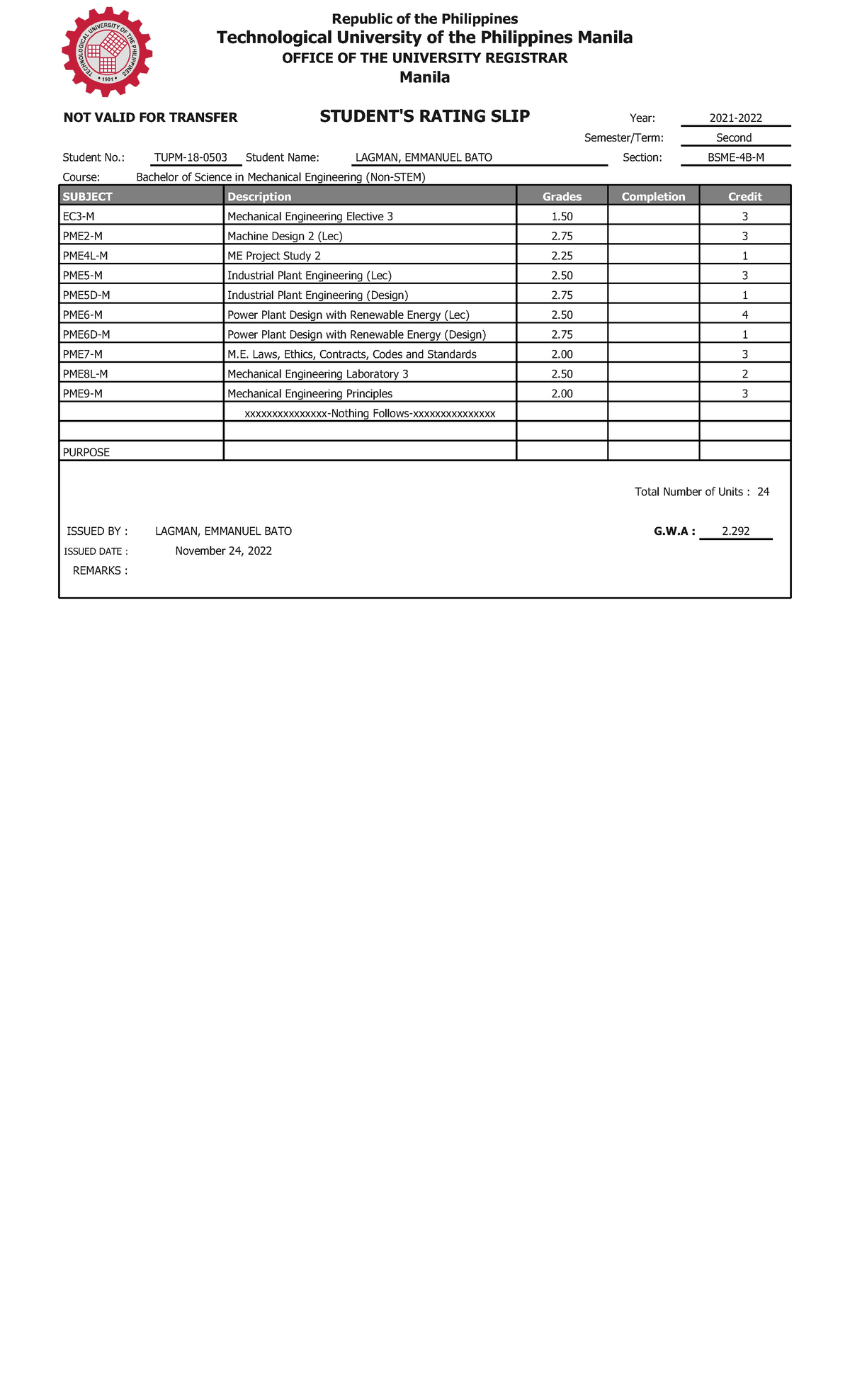 Rating slip Lfinal SEM - grade - Republic of the Philippines ...