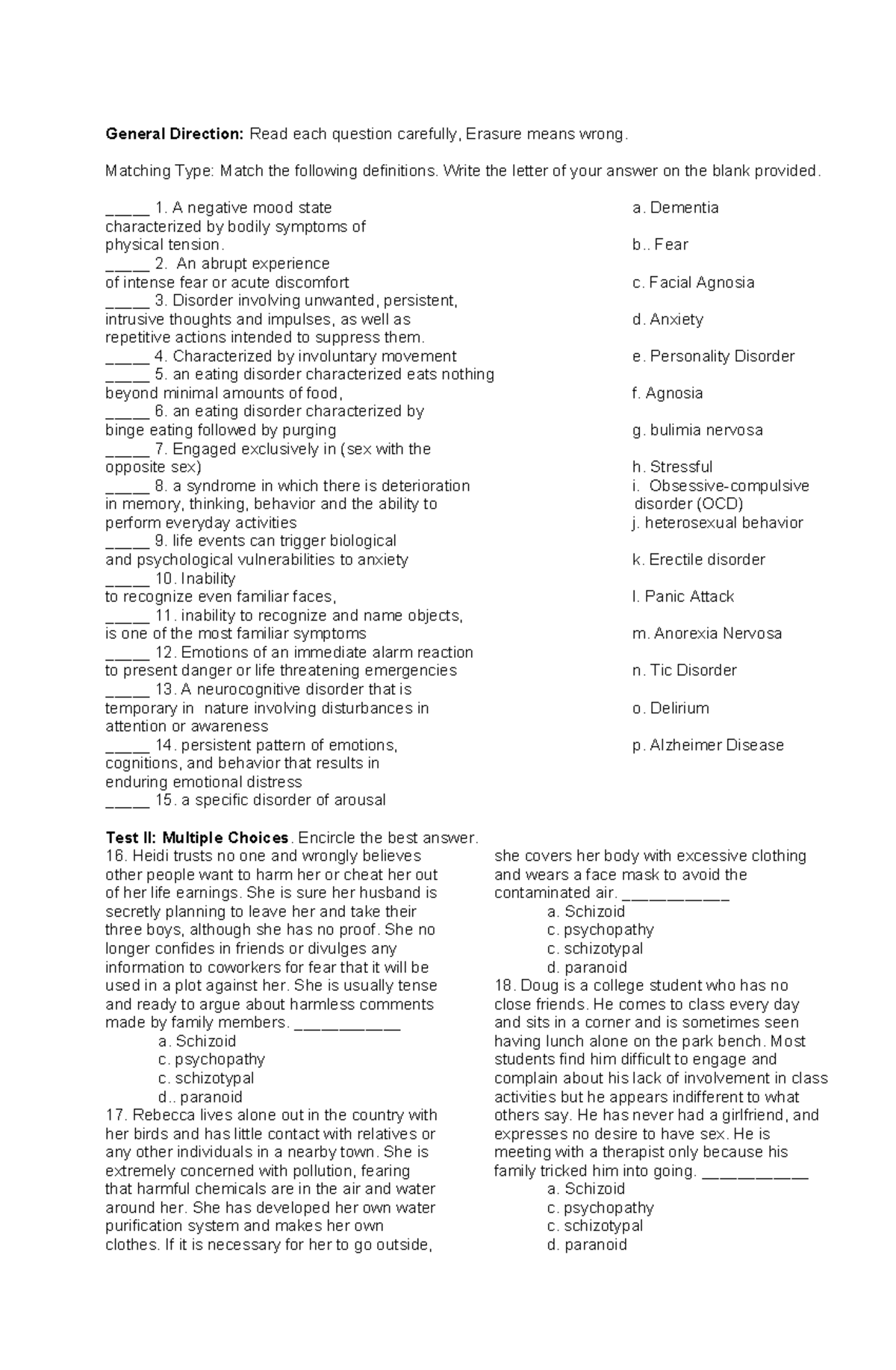 Toaz - PSYCHOLOGY FINAL - General Direction: Read each question ...