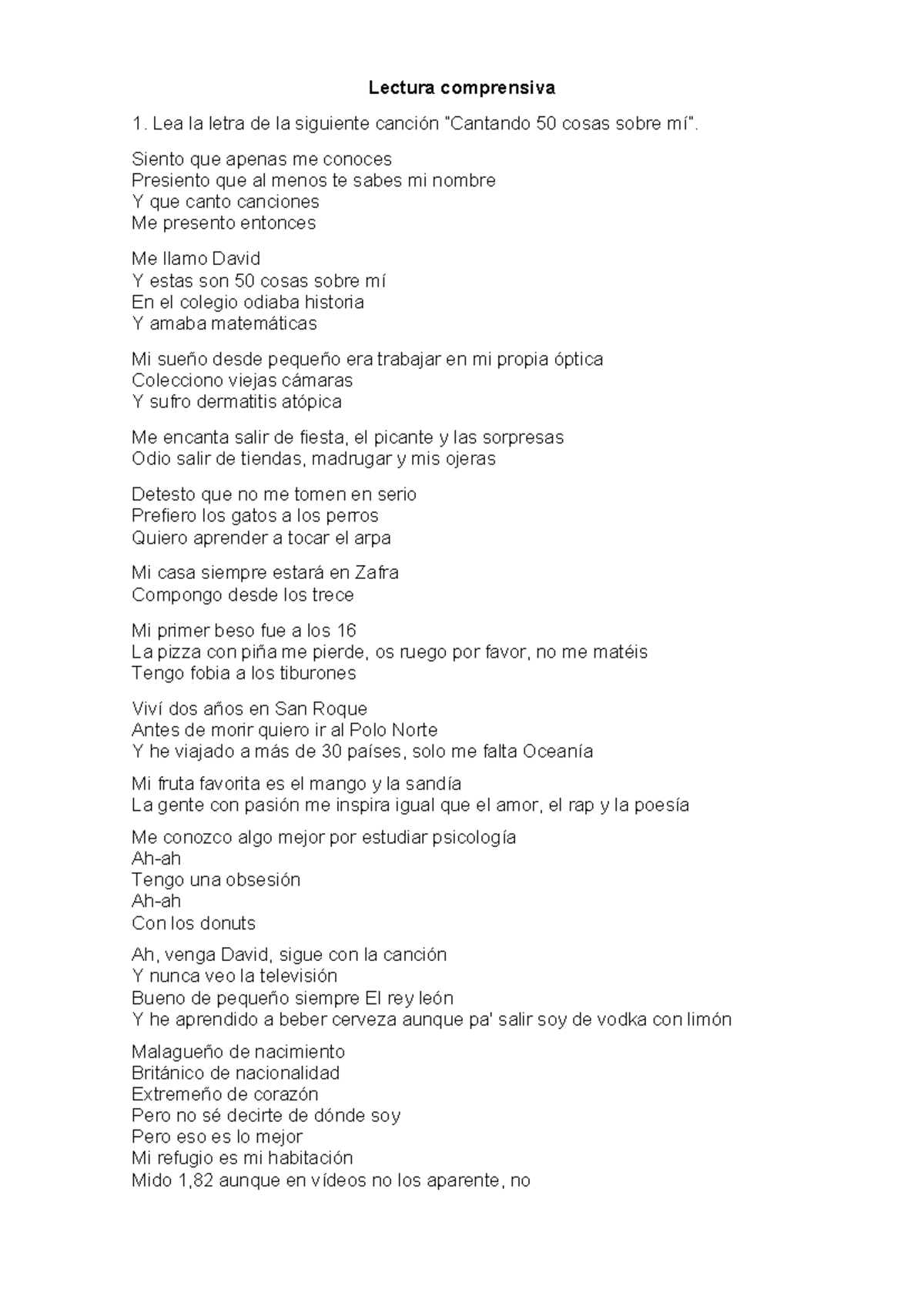 Lectura comprensiva 1 - Lectura comprensiva Lea la letra de la ...