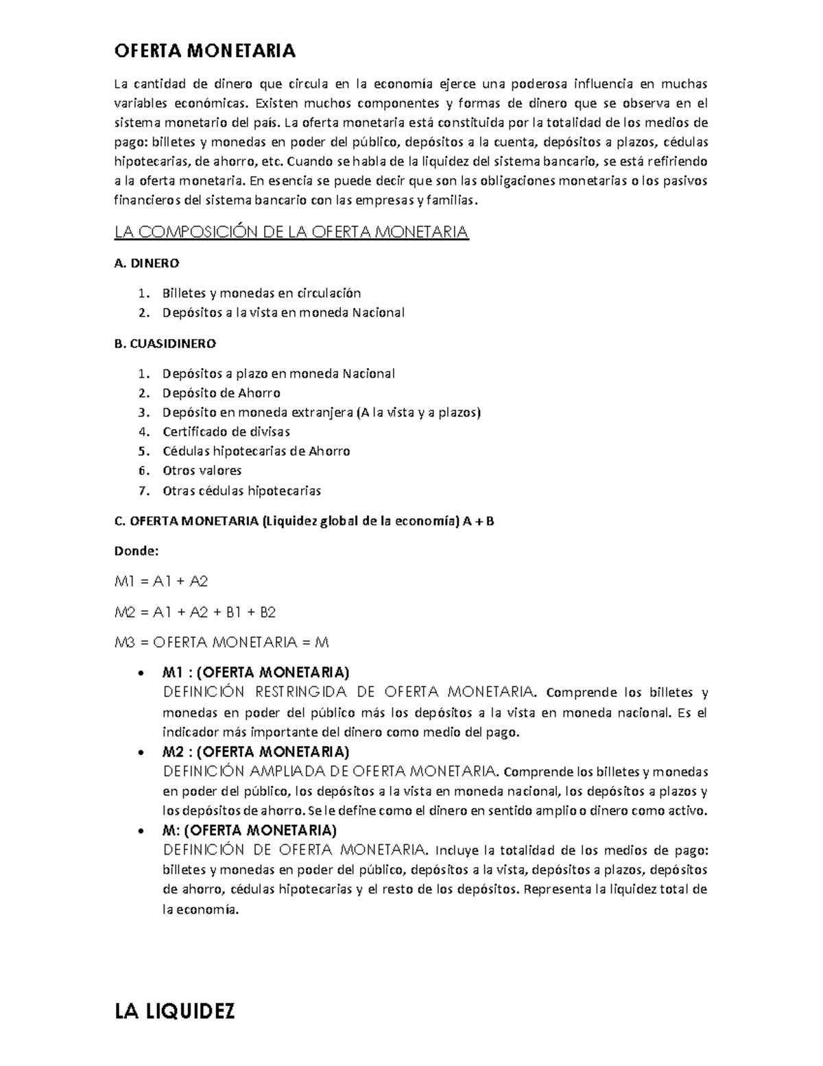 Oferta Monetaria, Liquidez, ETC - OFERTA MONETARIA La cantidad de ...