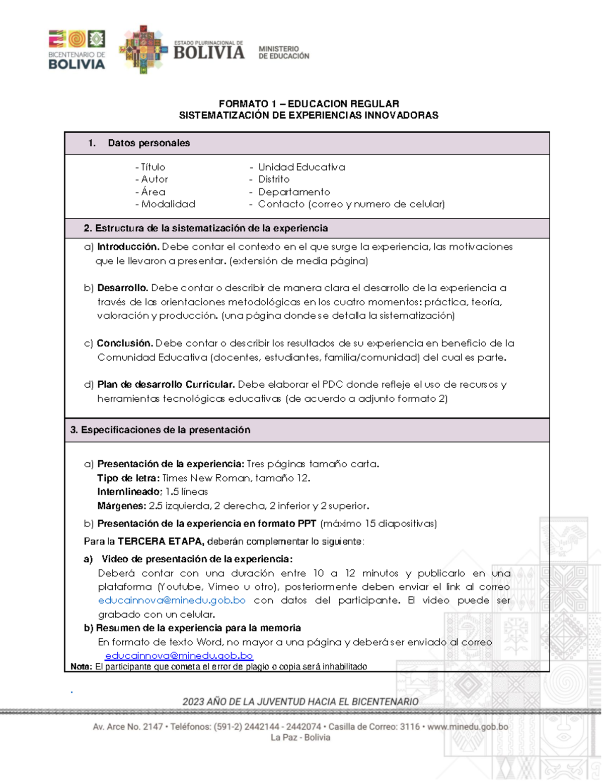 F Ormato DE Presentacion Educa regular - FORMATO 1 – EDUCACION REGULAR ...