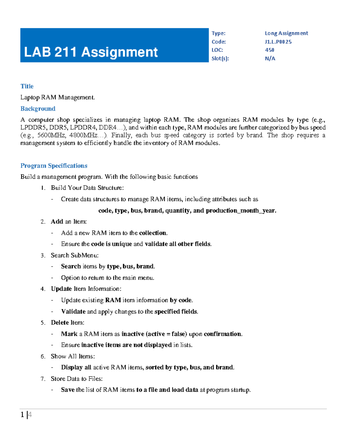 J1.L.P0025 Laptop RAM Management Update 450LOC - Type: Long Assignment ...