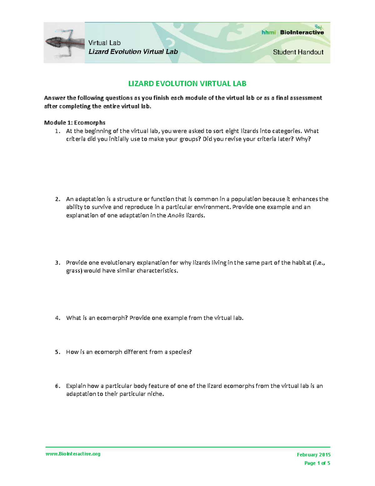 Lizard Evolution Virtual Lab Student Worksheet - BioInteractive ...