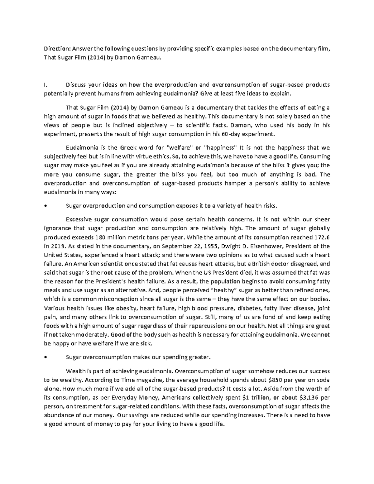 Movie Review - that sugar film - Direction: Answer the following ...