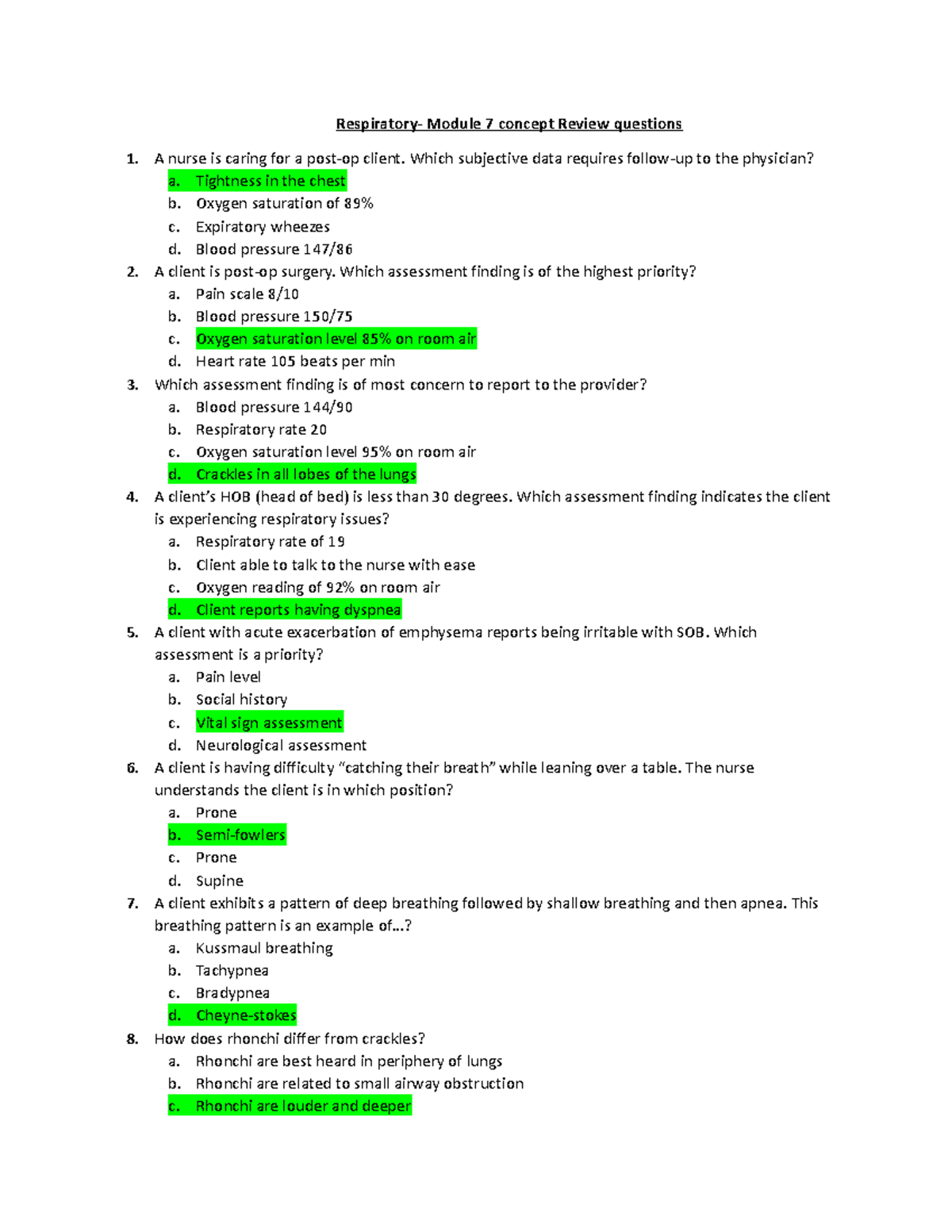 Respiratory review quesitons - Respiratory- Module 7 concept Review ...