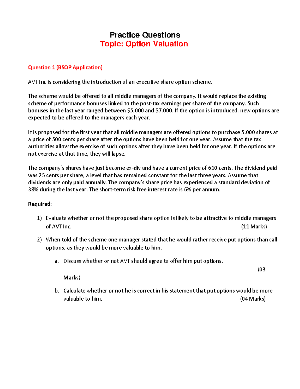 Topic 5 Option Valuation - Practice Questions Topic: Option Valuation ...