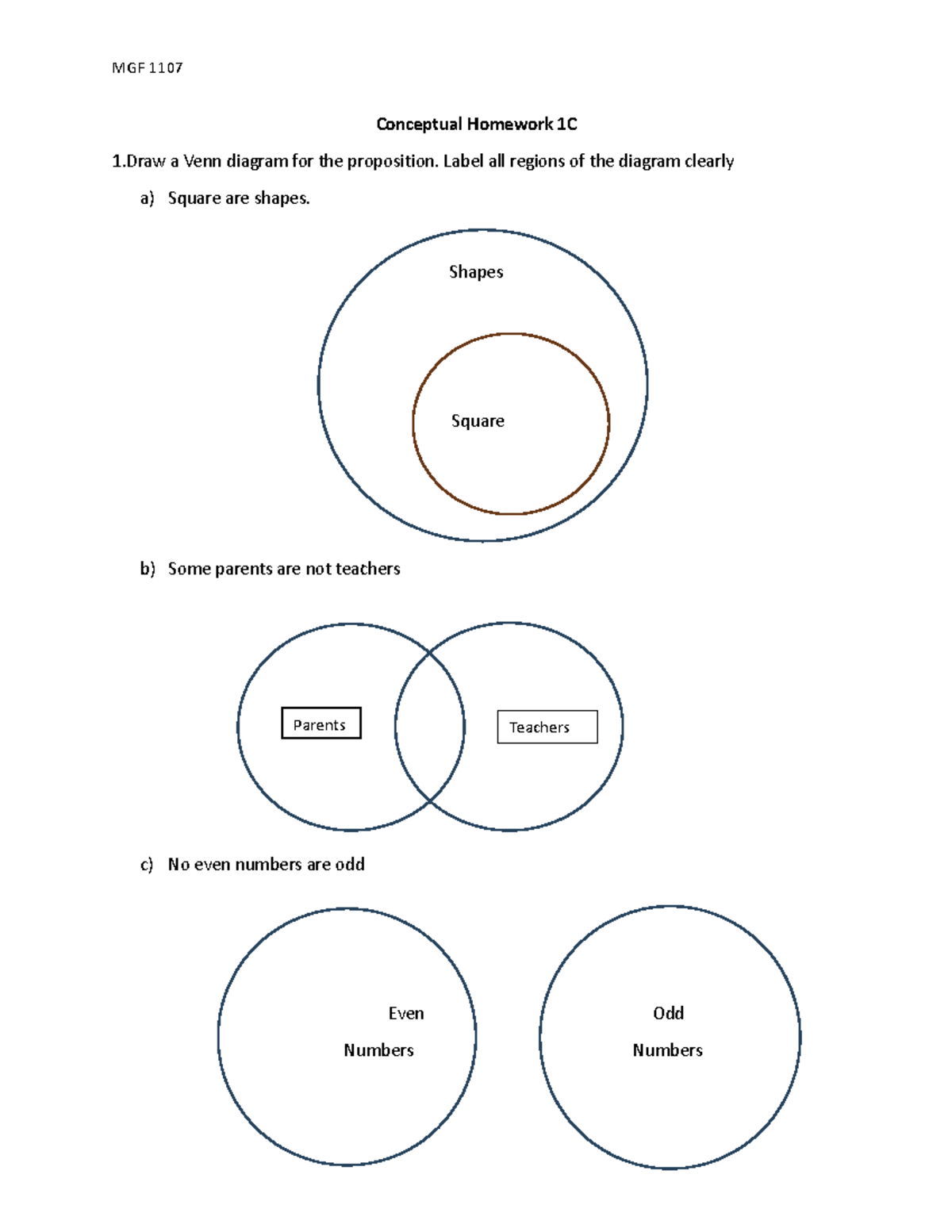Conceptual HW 1C - MGF 1107 Conceptual Homework 1C 1 a Venn diagram for ...