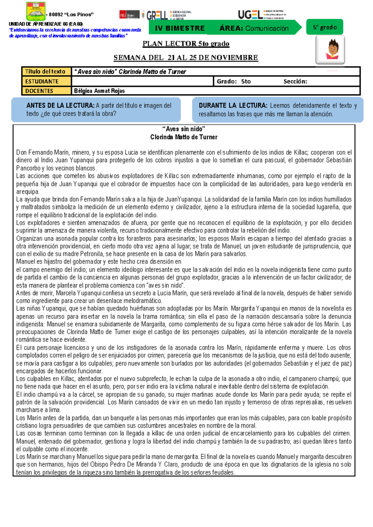 5TO EA 08 PLAN Lector Sesión 2-1 - I. N° - 80892 “Los Pinos” IV BIMESTRE UNIDAD DE APRENDIZAJE ...