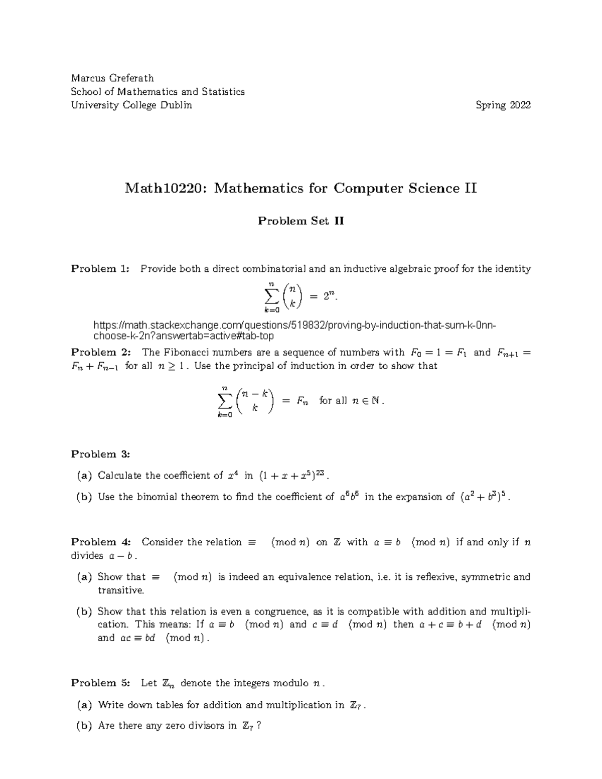 Ps-2 - problem sheet - Marcus Greferath School of Mathematics and ...