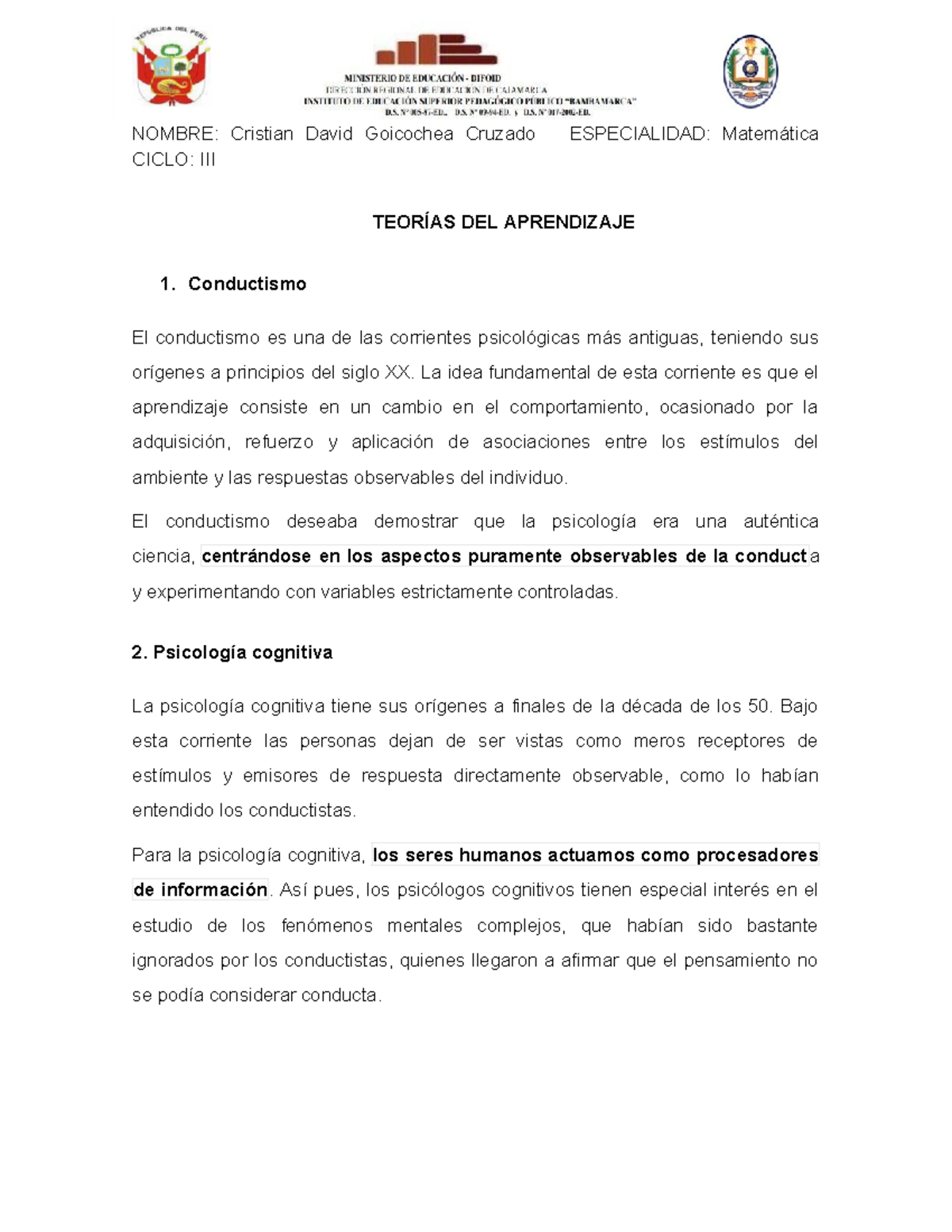 Teorias DEL Aprendizaje - NOMBRE: Cristian David Goicochea Cruzado ...