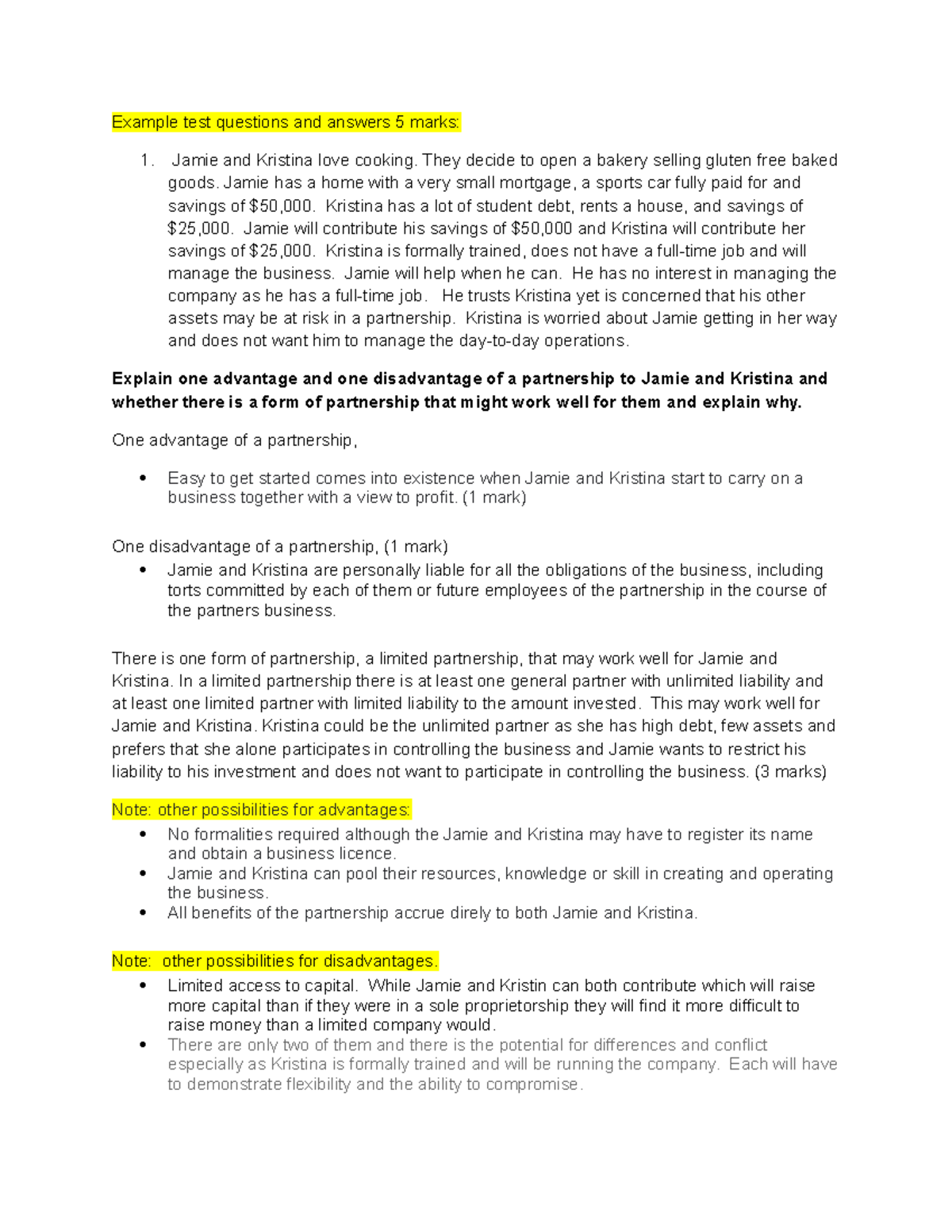 Examples for 1st midterm - Example test questions and answers 5 marks ...