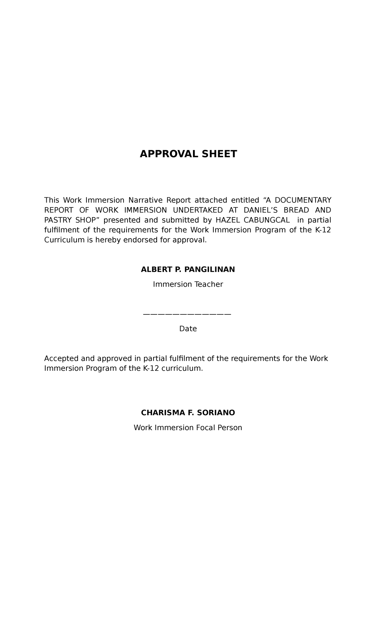 thesisrhesis ko - APPROVAL SHEET This Work Immersion Narrative Report ...