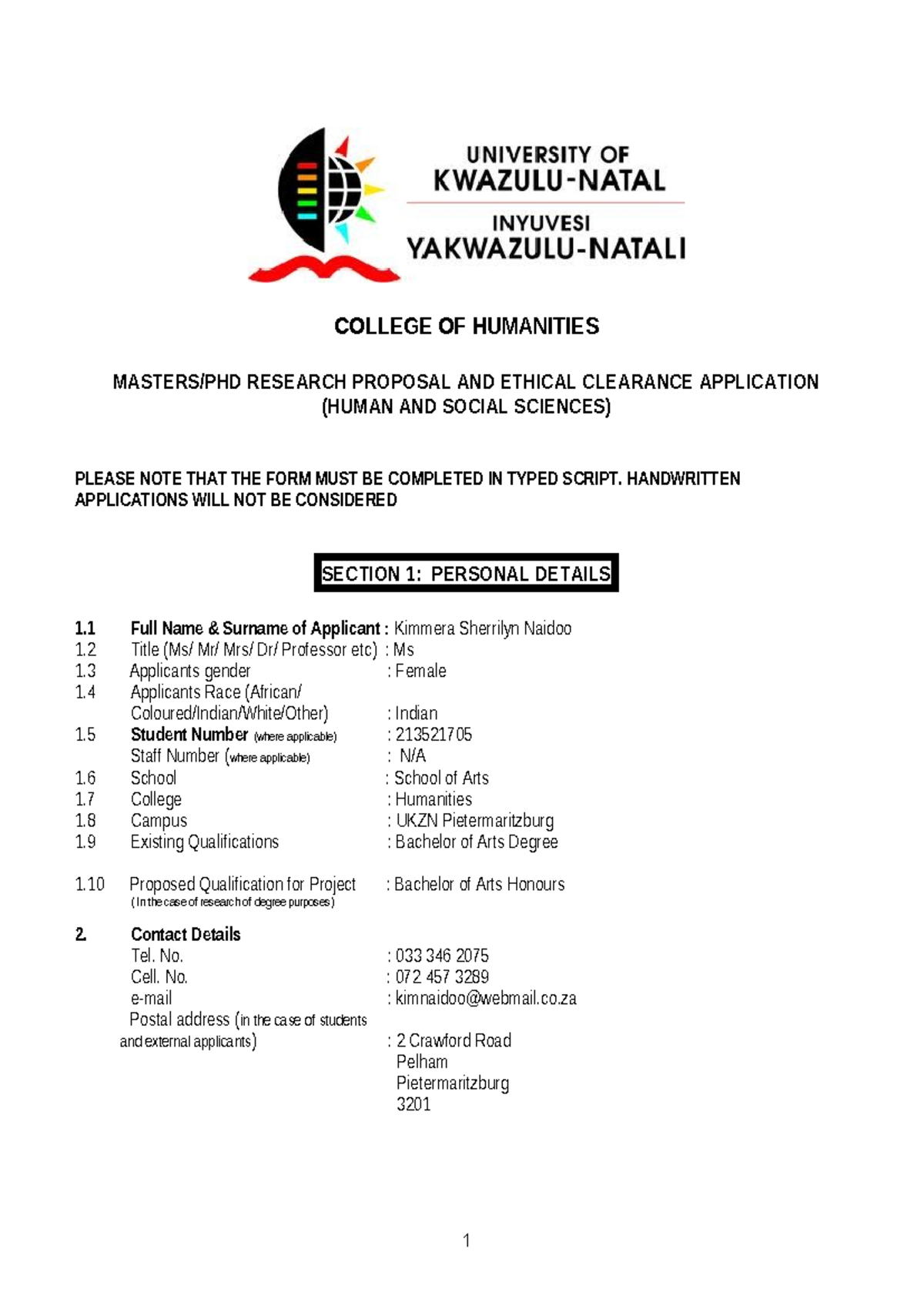 KS Naidoo Honours- Proposal form 2015 - COLLEGE OF HUMANITIES MASTERS ...