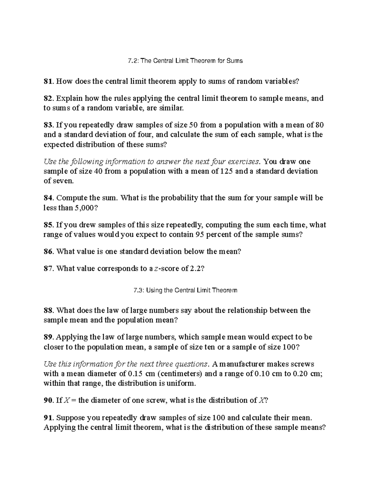 Stat 10 - Past exam - example - 7: The Central Limit Theorem for Sums ...