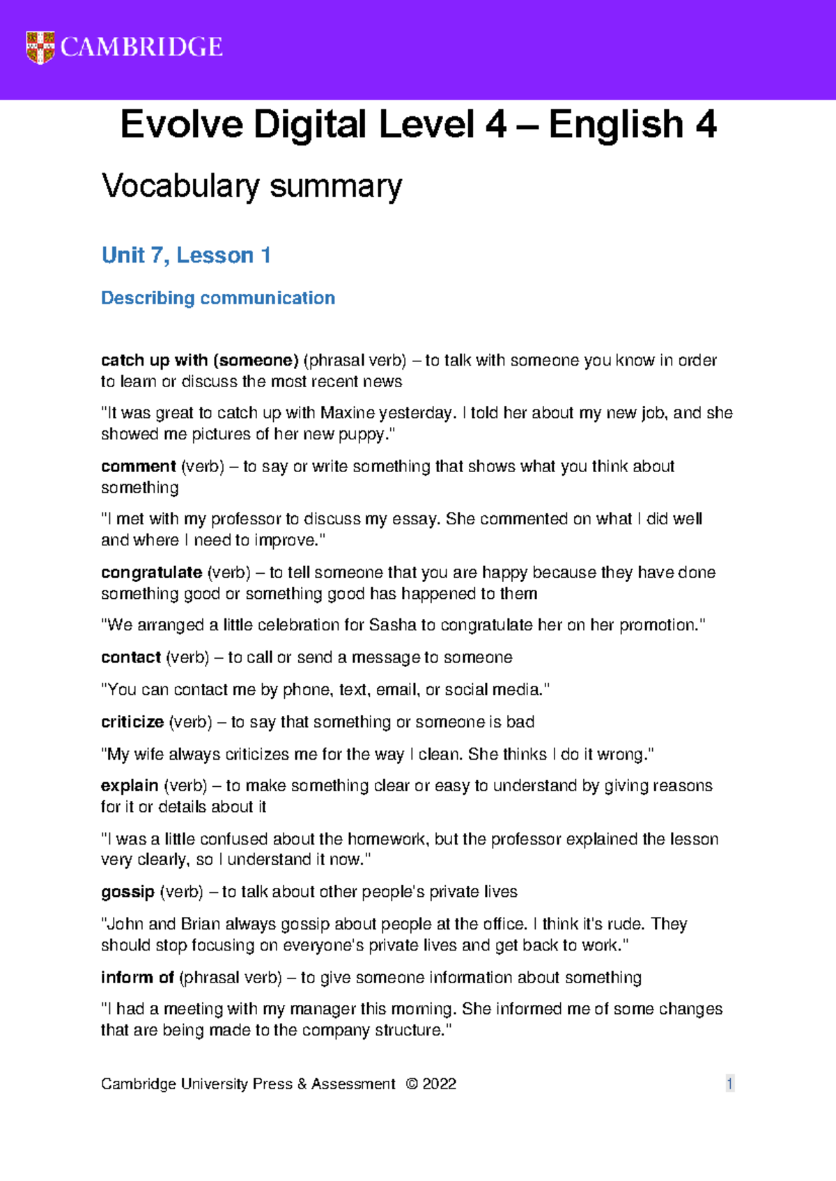 Unit 7 - E4 - Vocabulary - unit 7 - Evolve Digital Level 4 – English 4 ...