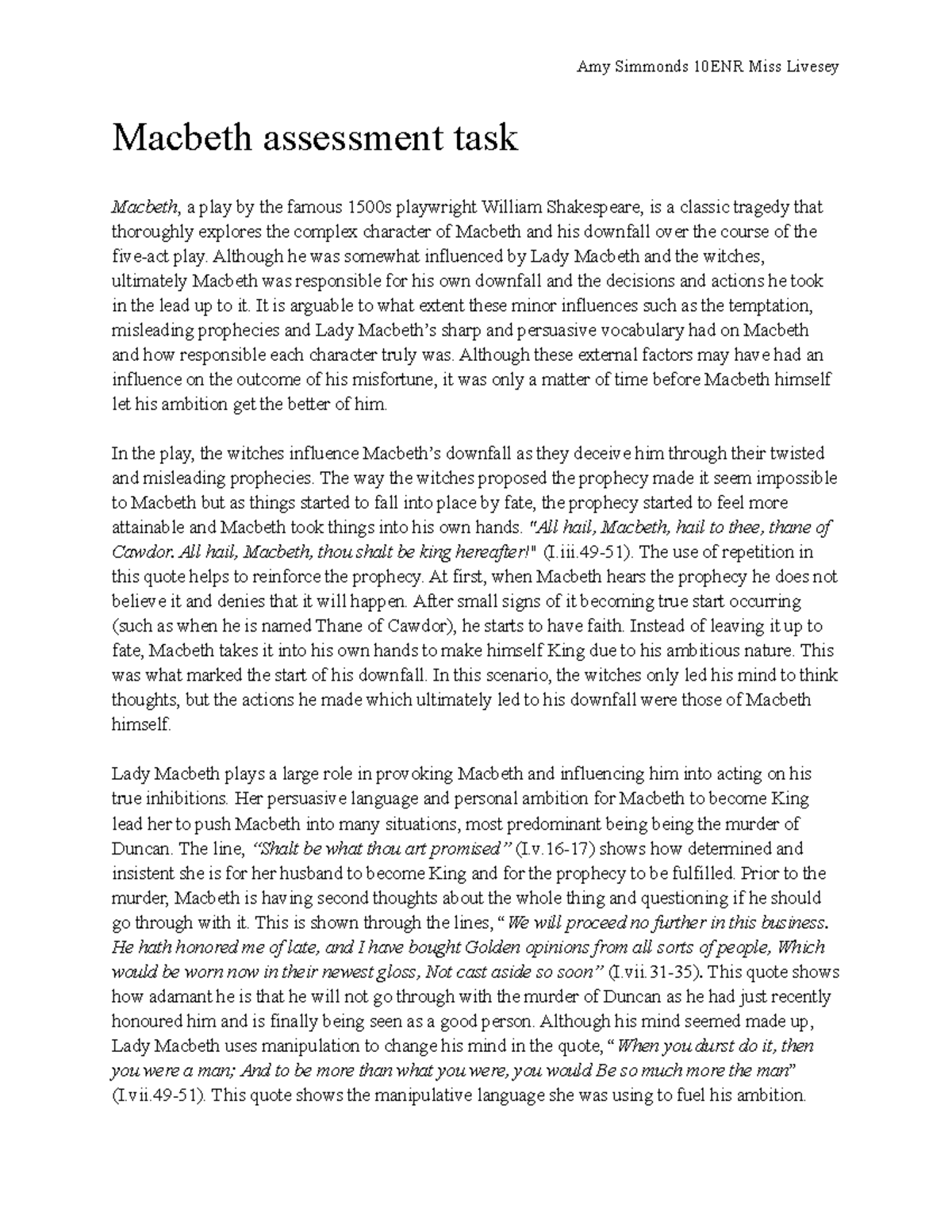 Amy - Macbeth Assessment task term 3 - Amy Simmonds 10ENR Miss Livesey ...