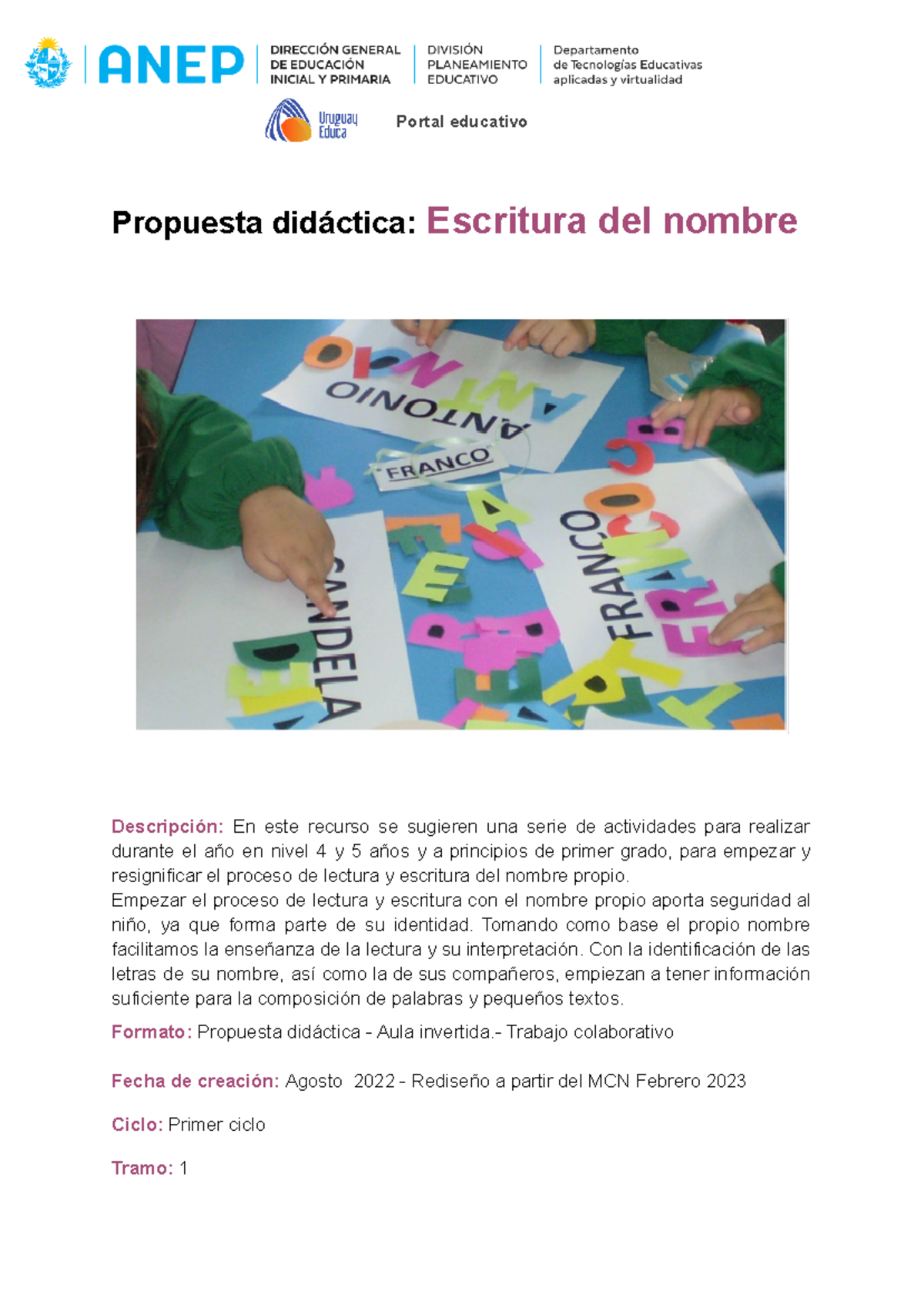 Escritura del nombre TCI-2023 - Propuesta didáctica: Escritura del ...