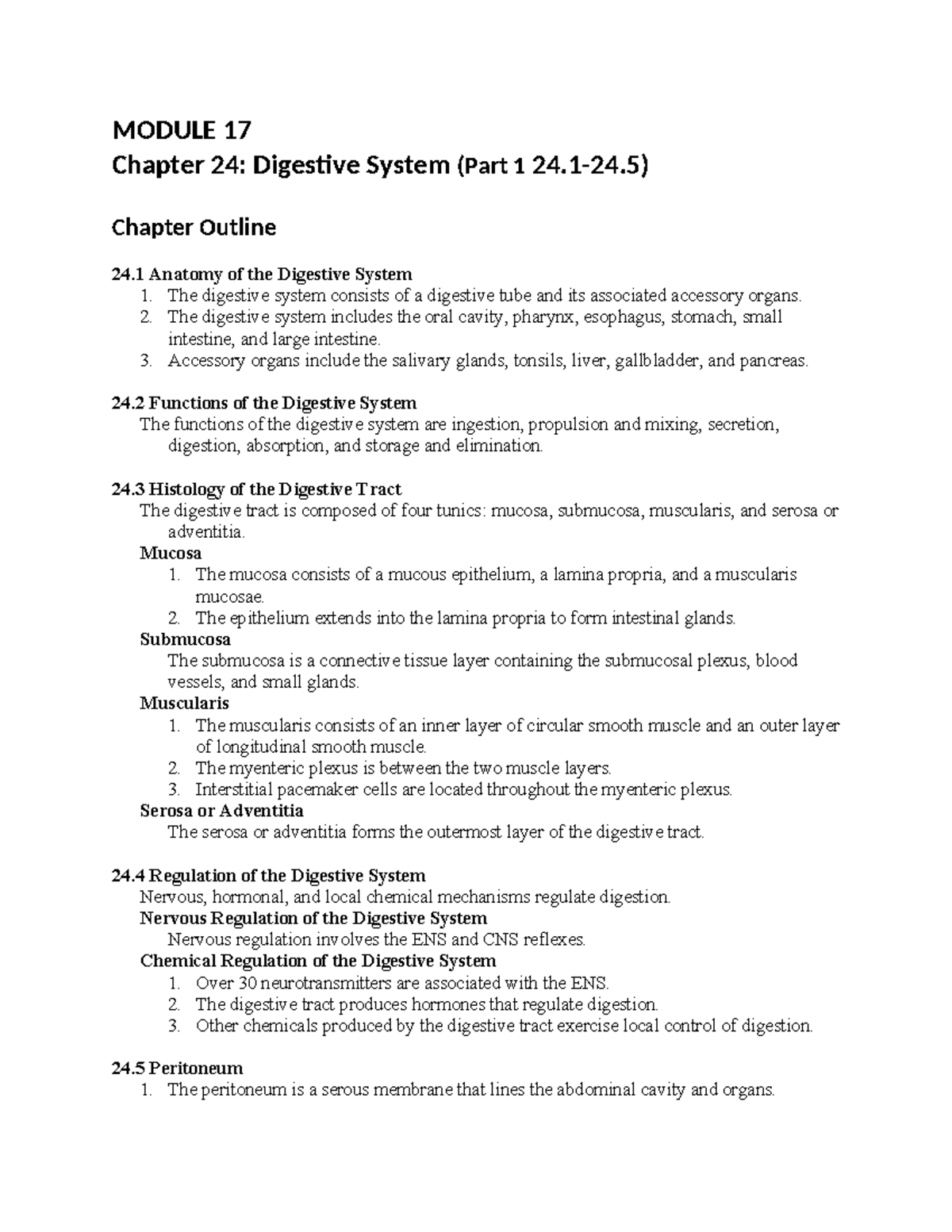 Chapters 24.1-24.5 (Part 1) Outline - MODULE 17 Chapter 24: Digestive System (Part 1 24.1-24 ...
