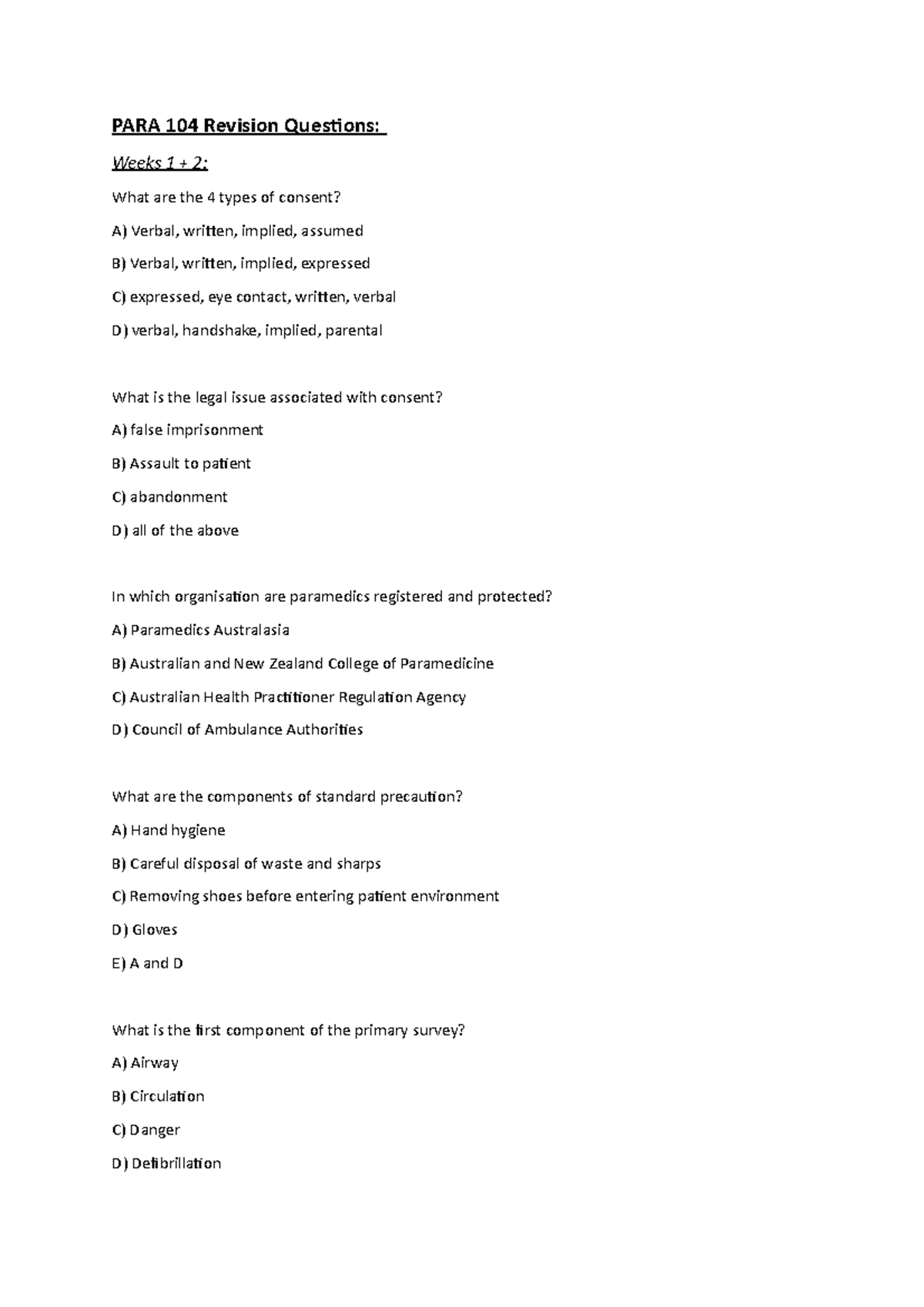 PARA 104 Revision Questions - PARA 104 Revision Questions: Weeks 1 + 2 ...