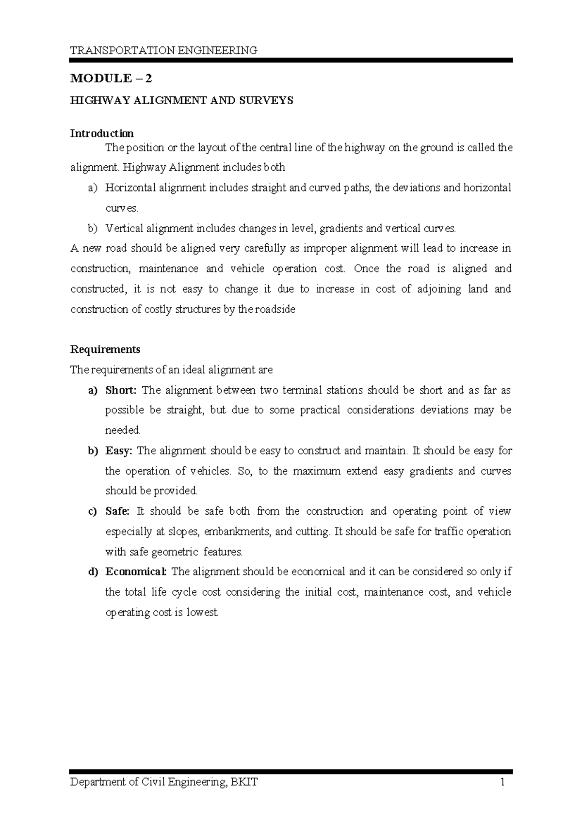 Transportation module 01 - TRANSPORTATION ENGINEERING (15CV63 ...
