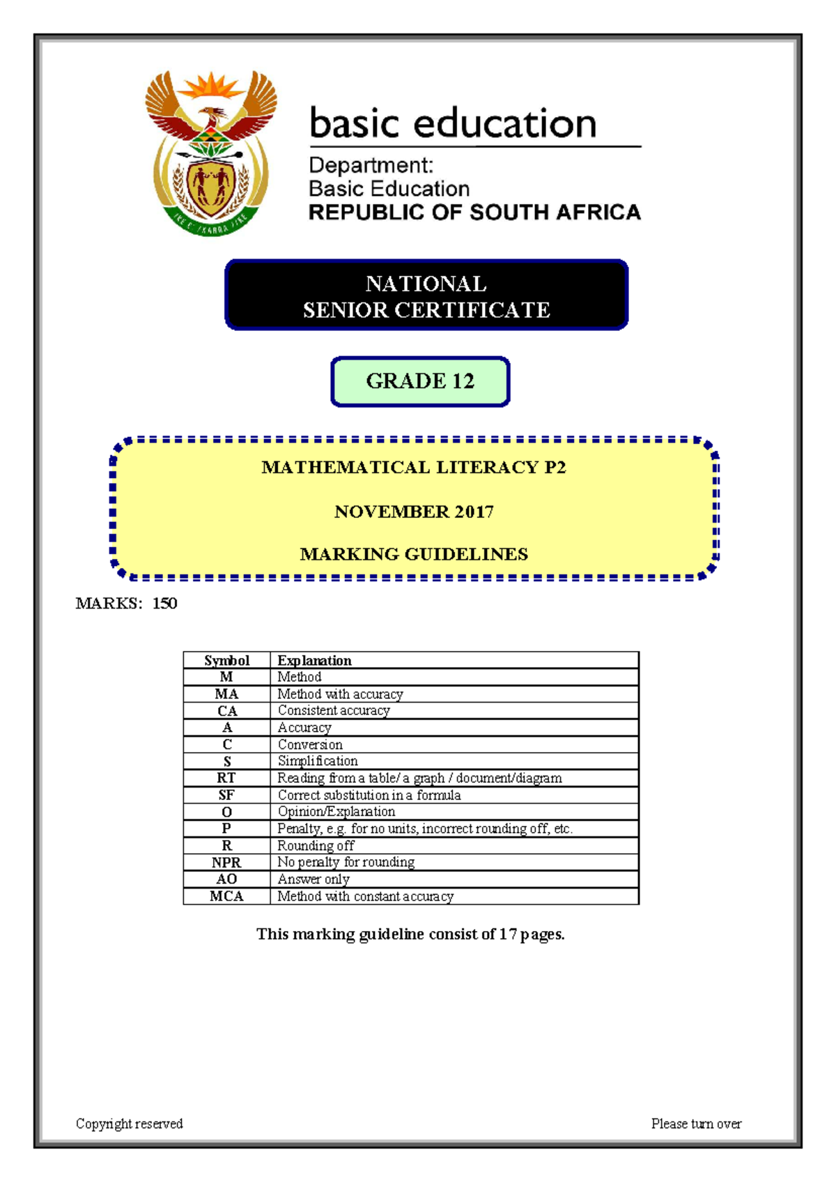 2017 Mathematical Literacy English Memo Paper 2 - MARKS: 150 Symbol ...