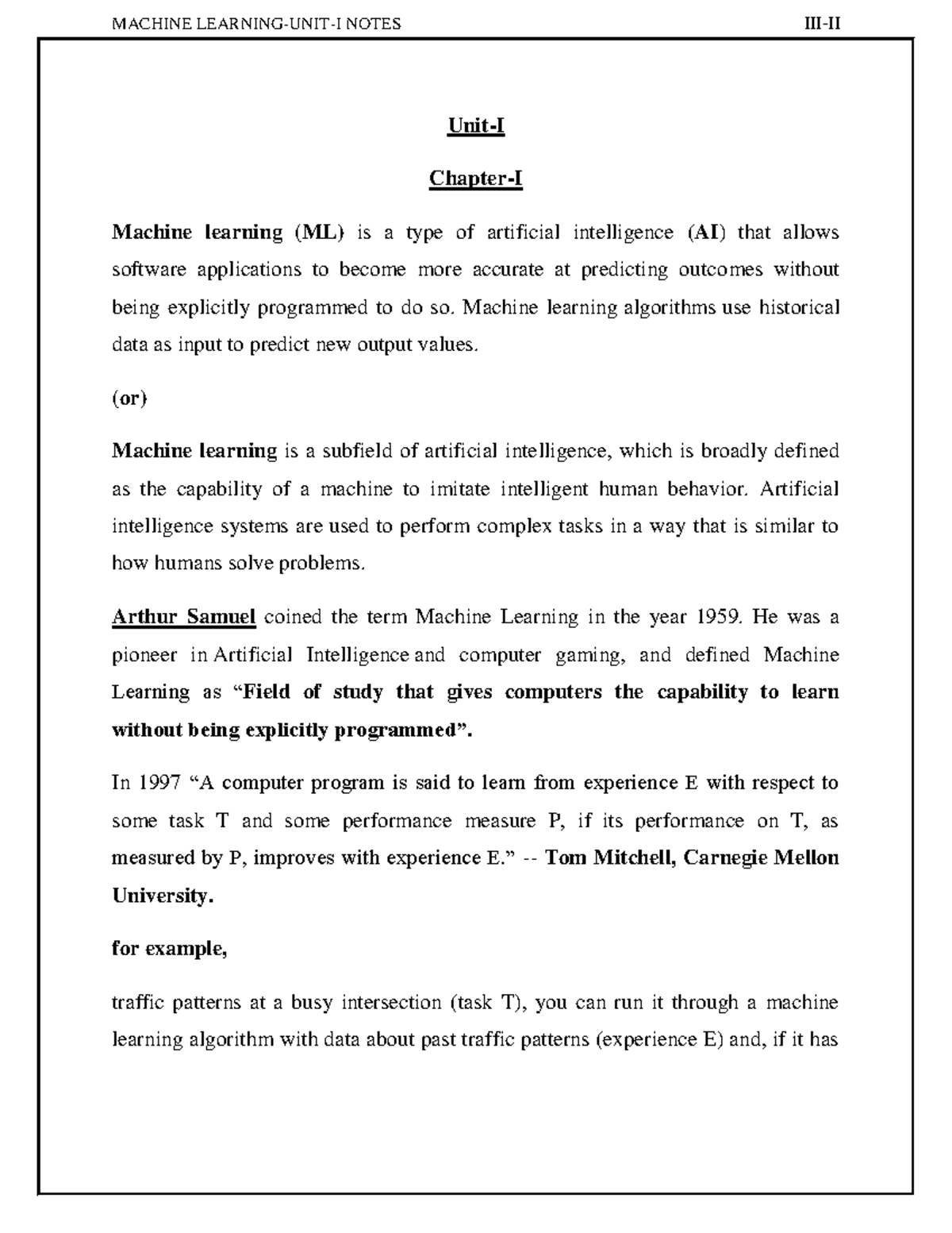 ML UNIT-1- Complete Notes - Unit-I Chapter-I Machine learning (ML) is a ...