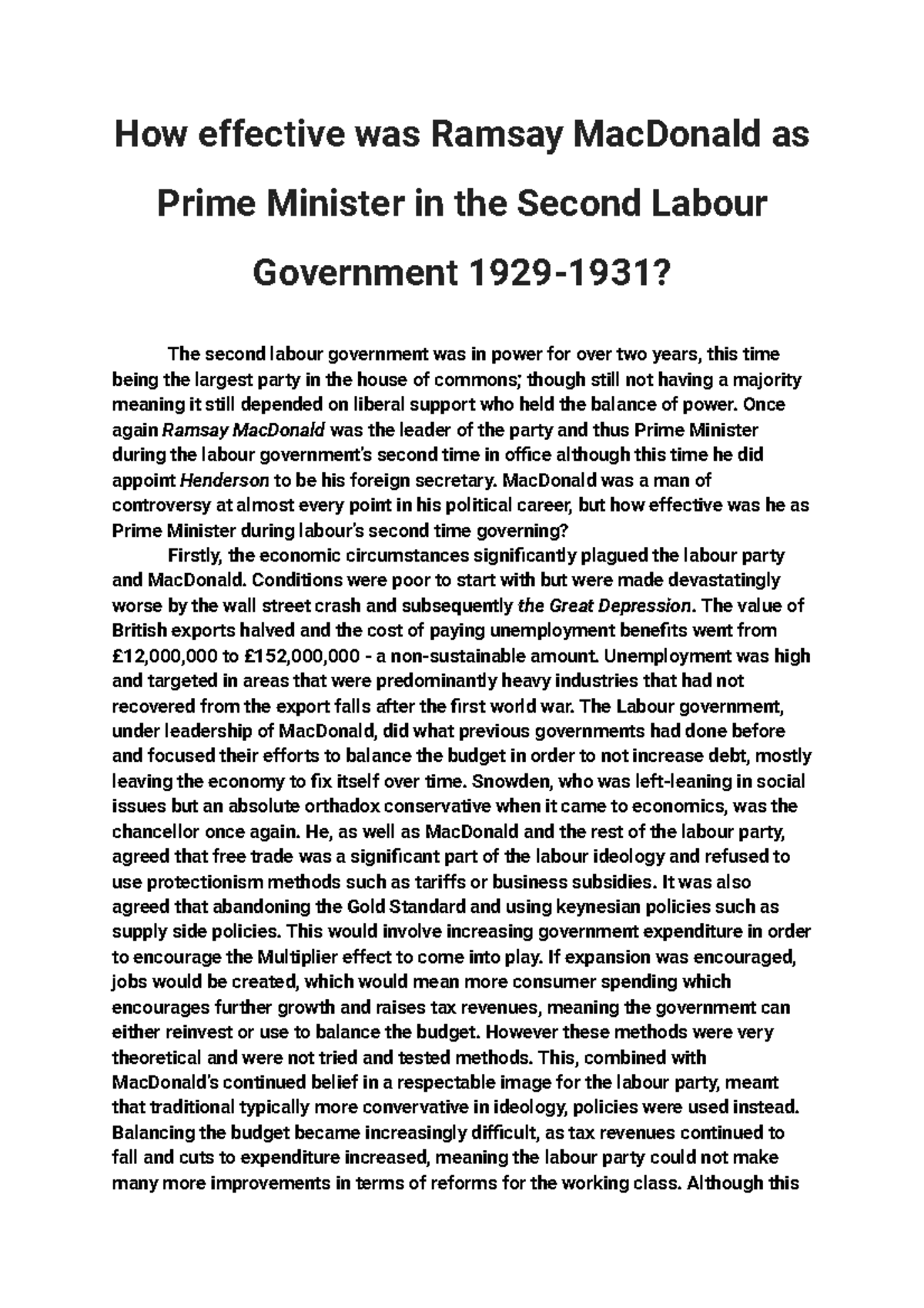 Ramsay Mac Donald as Prime Minister Essay - How effective was Ramsay ...