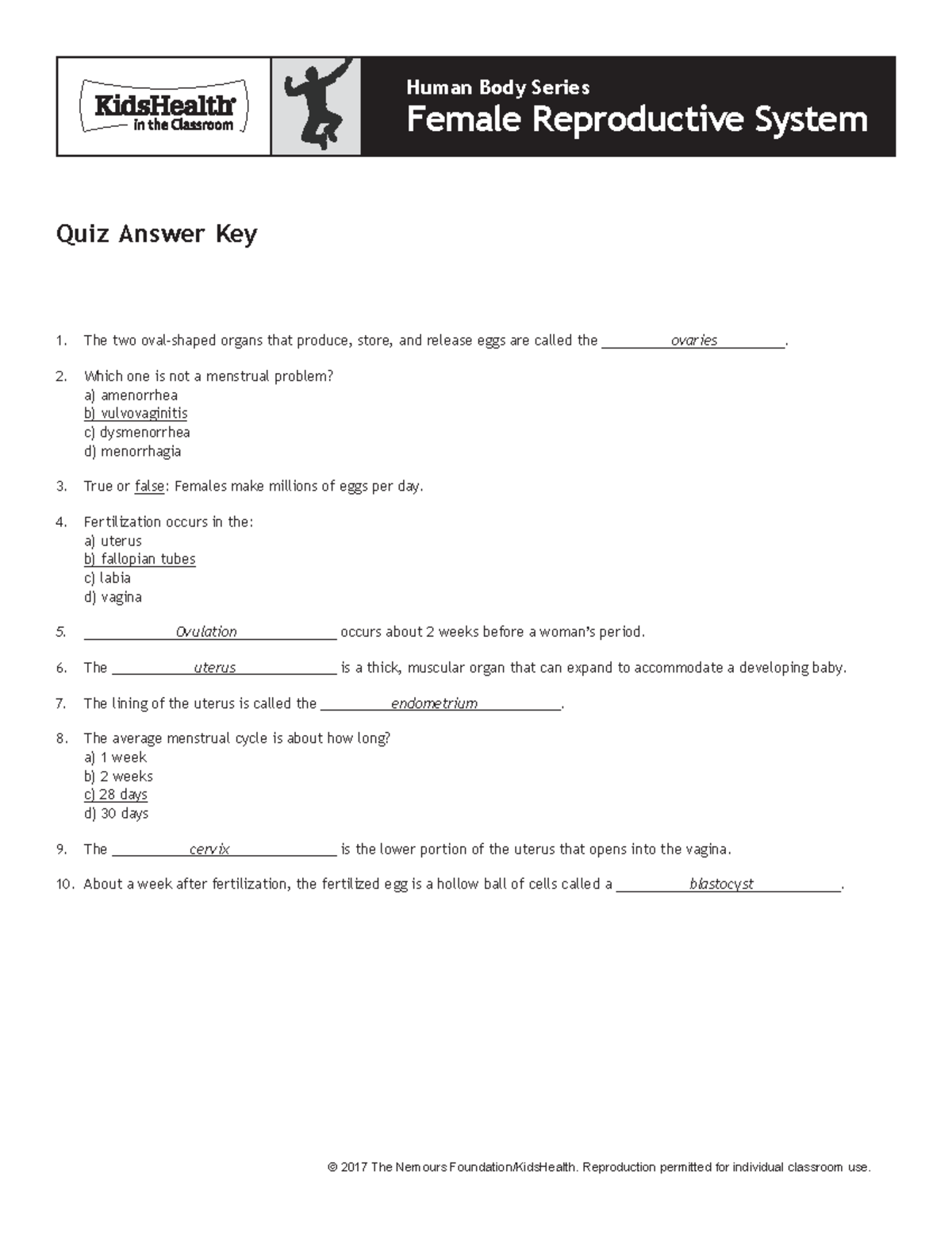 Female reproductive quiz answers - © 201 7 The Nemours Foundation ...