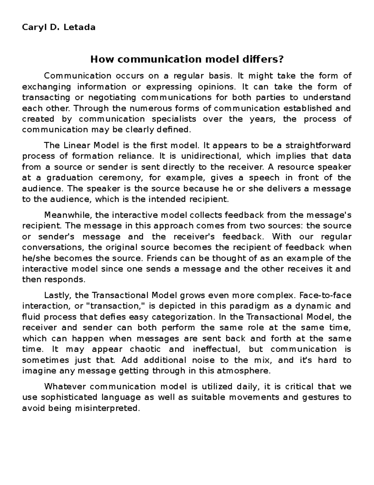 Communication Models - Lecture notes 1 - Filipino - LSPU - Studocu