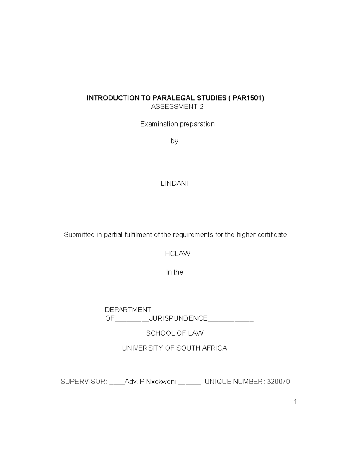 Lindani 2023 PAR1501 answers - INTRODUCTION TO PARALEGAL STUDIES ...