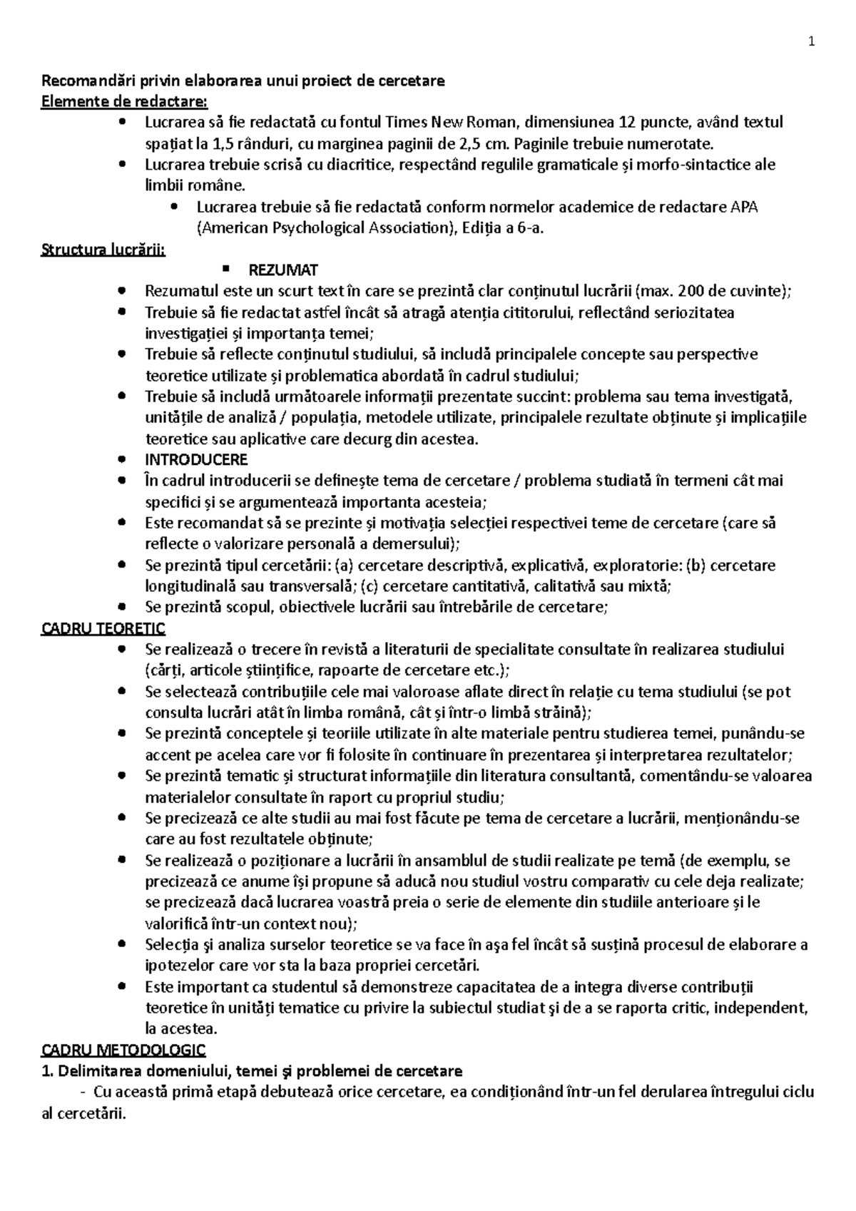 Metodologie CURS - 555 - Recomandări privin elaborarea unui proiect de cercetare Elemente de ...