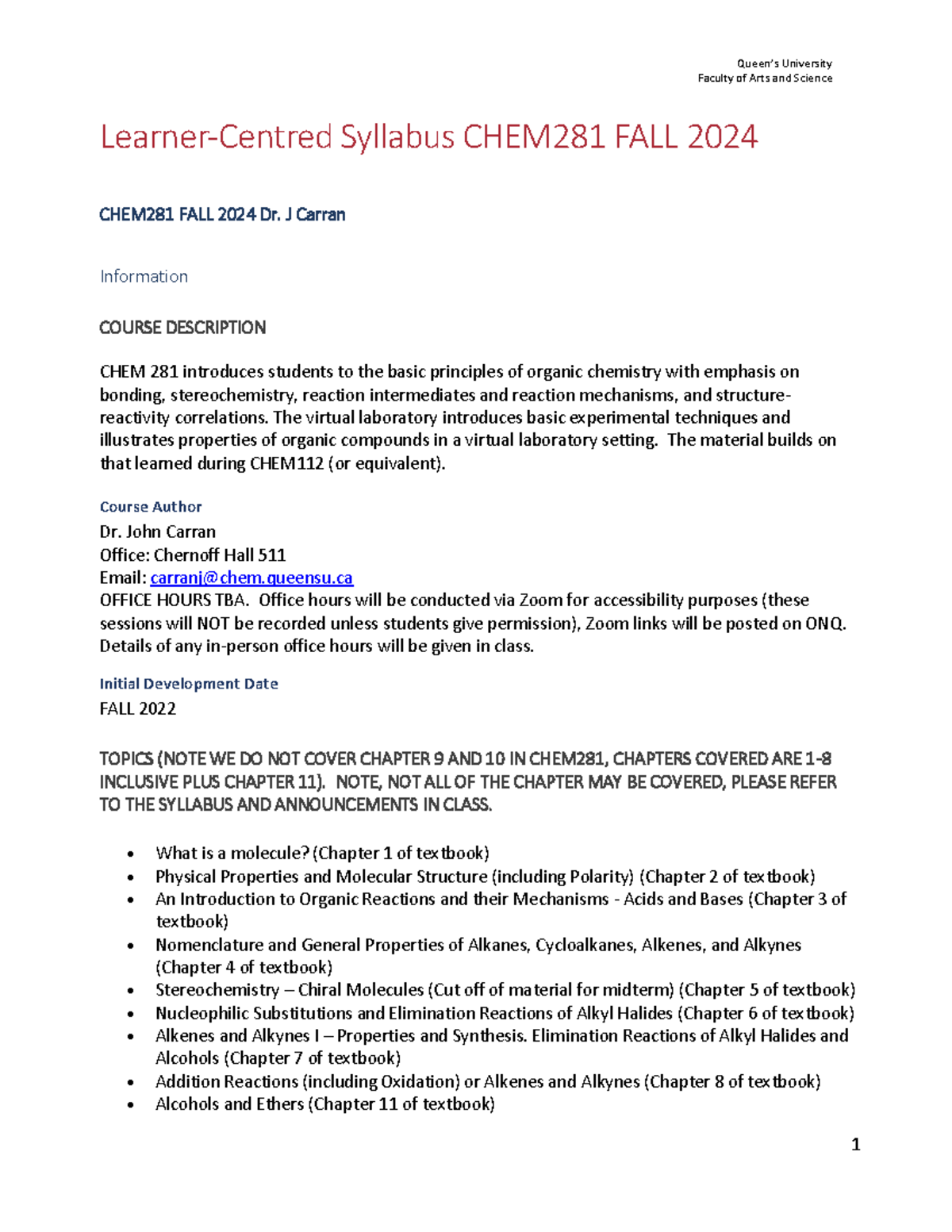 Course info - Faculty of Arts and Science Learner-Centred Syllabus CHEM281 FALL 202 4 CHEM281 ...