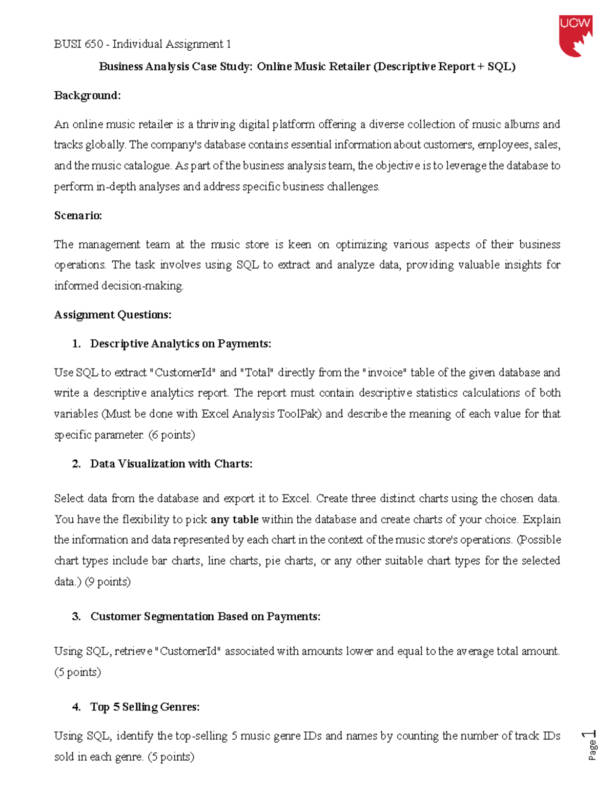 BUSI 650 - Individual Assignment 1 - Page 1 Business Analysis Case ...