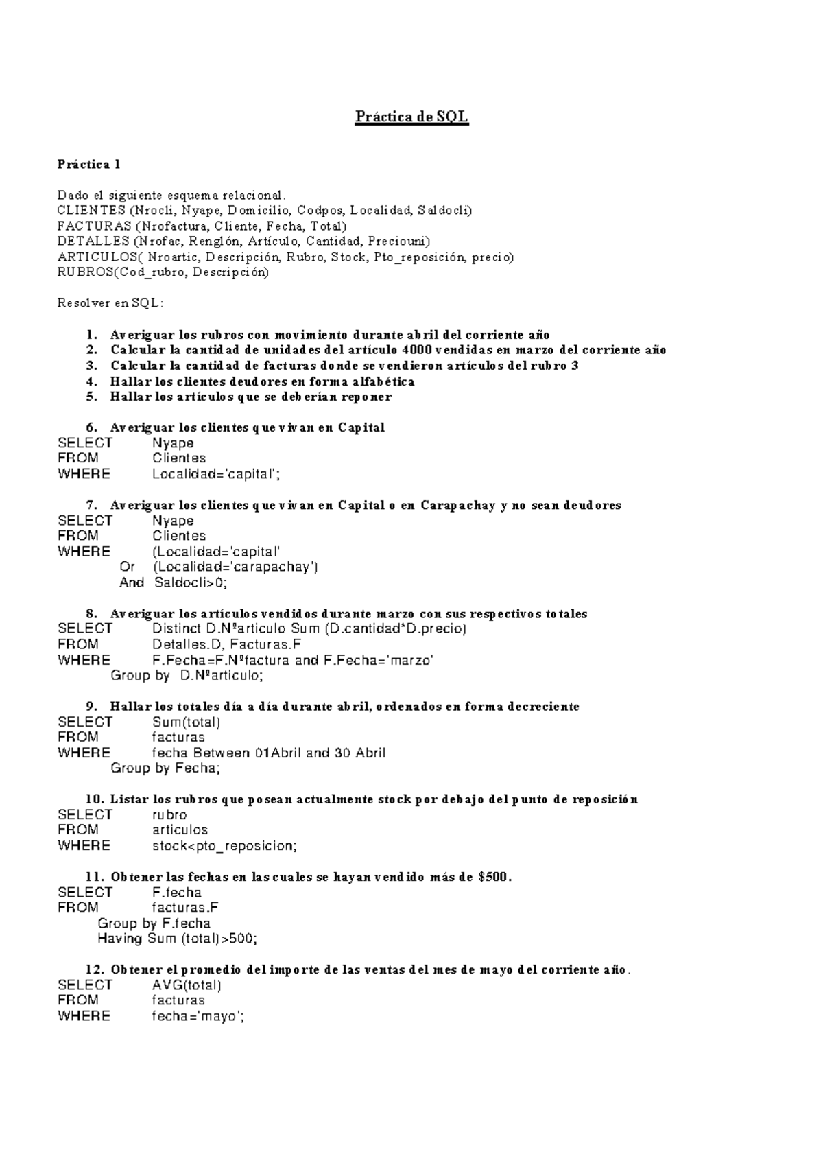 Practica base de datos: Sql practica - - Studocu