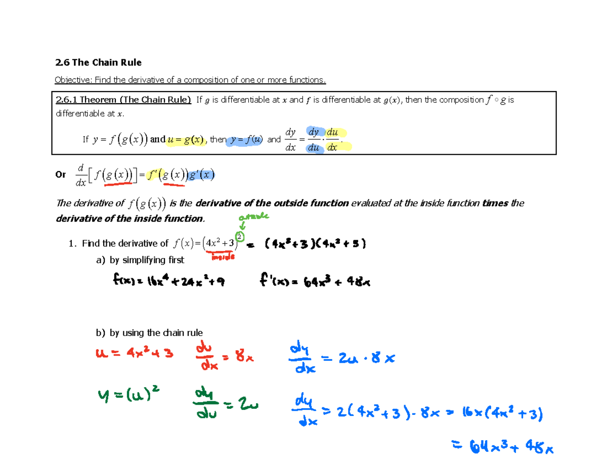 2.6 The Chain Rule - Lecture notes - 2 .6 The Chain Rule Objective ...