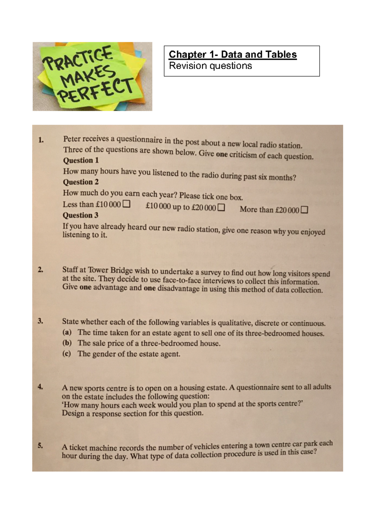 Data Revision Questions - Chapter 1 - Data and Tables Revision ...