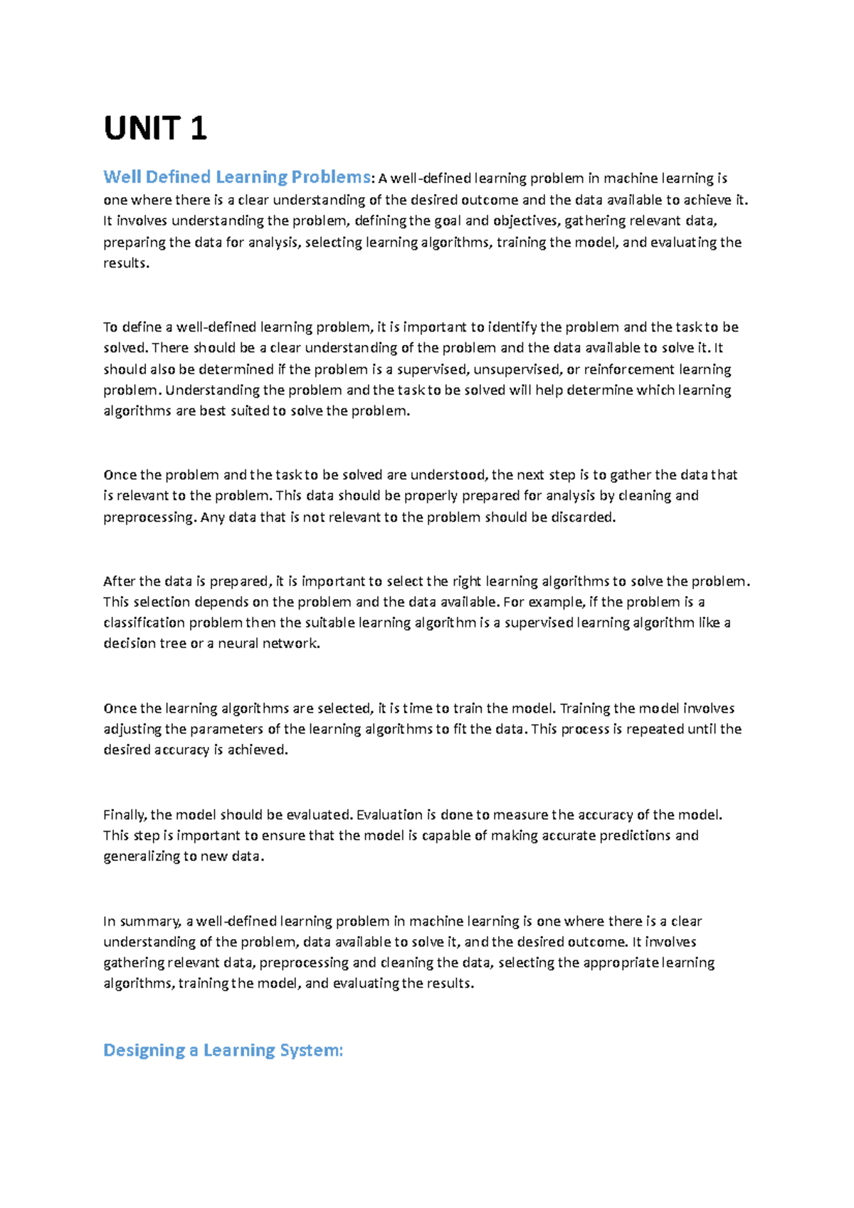 Ml Notes Introduction To Machine Learning Unit 1 Well Defined Learning Problems A Well