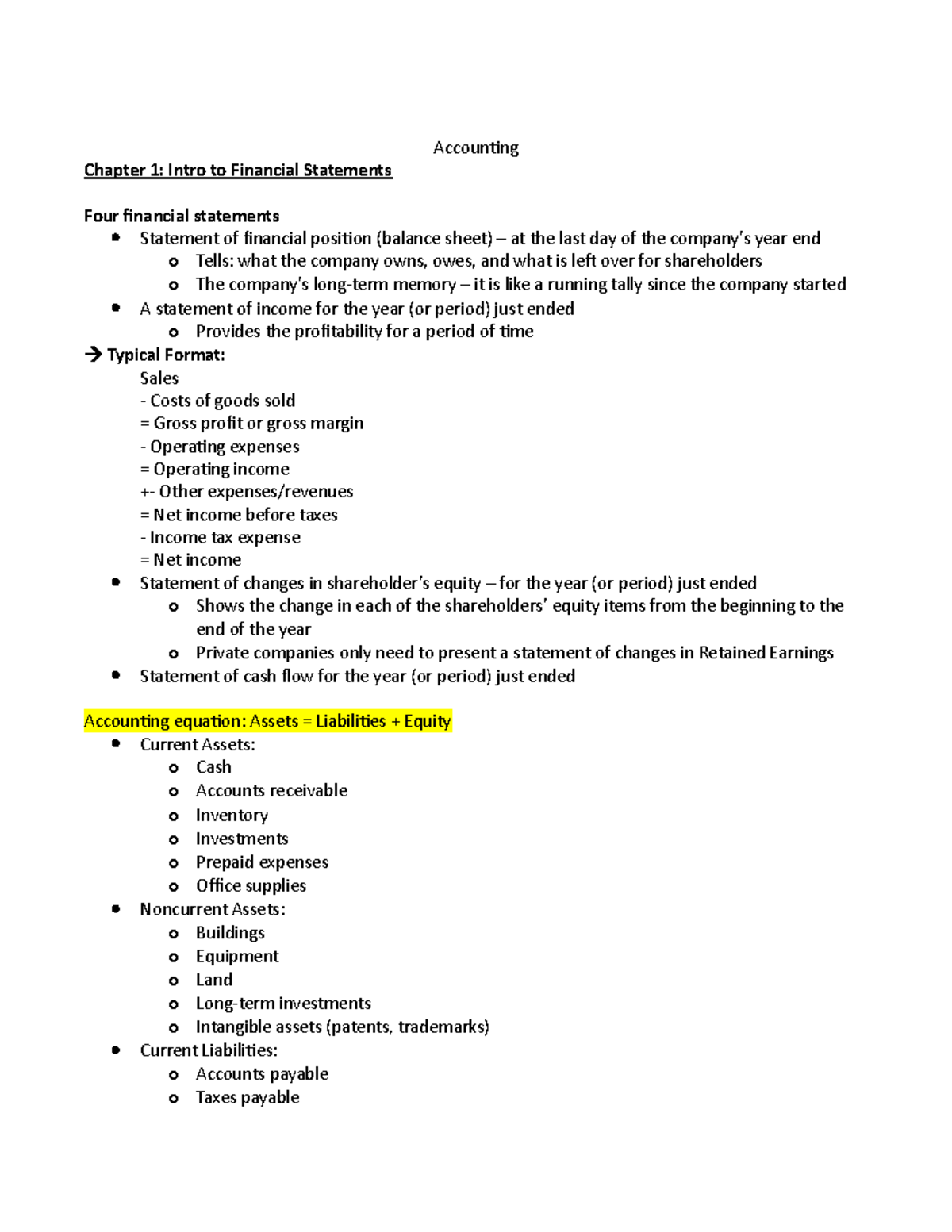 Accounting - Notes - Accounting Chapter 1: Intro to Financial ...