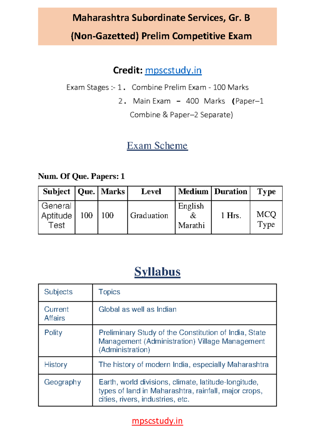 @mpscstudy.in MPSC Combine Group B Prelim Syllabus In English ...