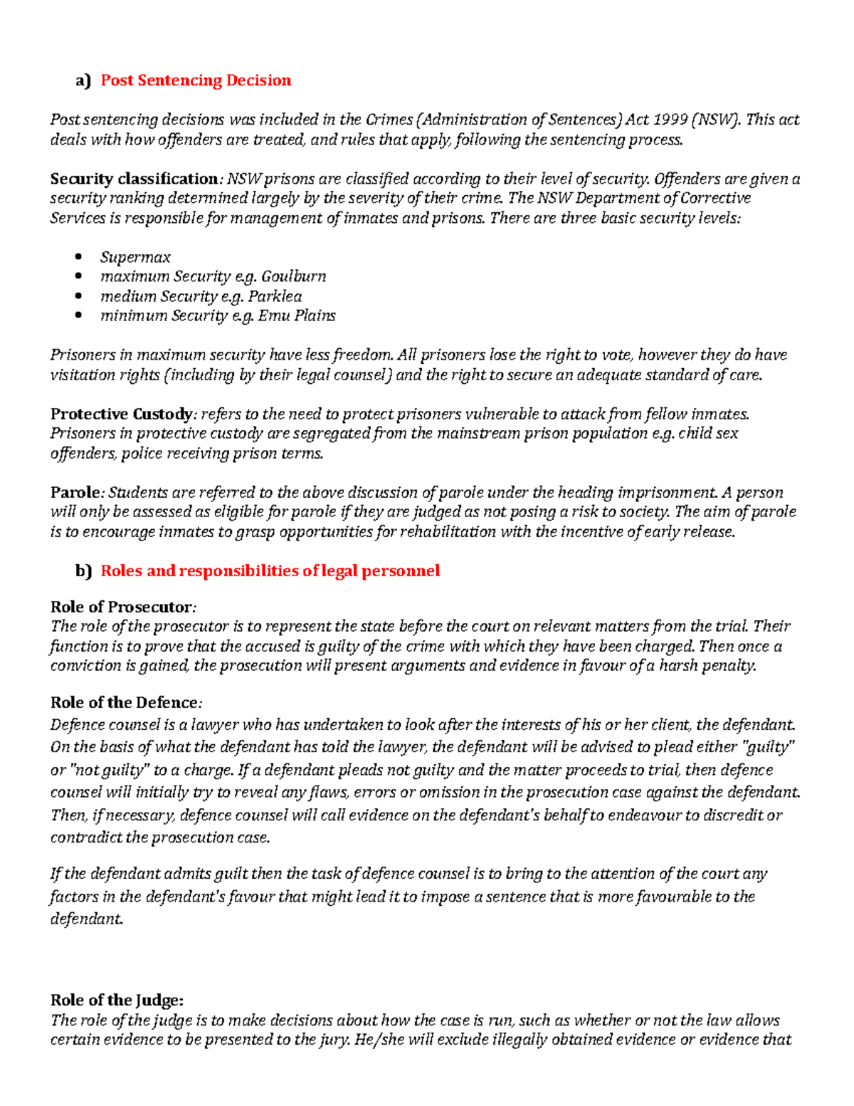 Legal studies notes - a) Post Sentencing Decision Post sentencing ...