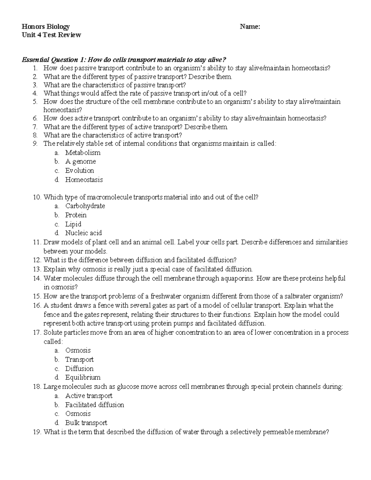 Unit 4 Test Review - Stuff. - Honors Biology Name: Unit 4 Test Review ...