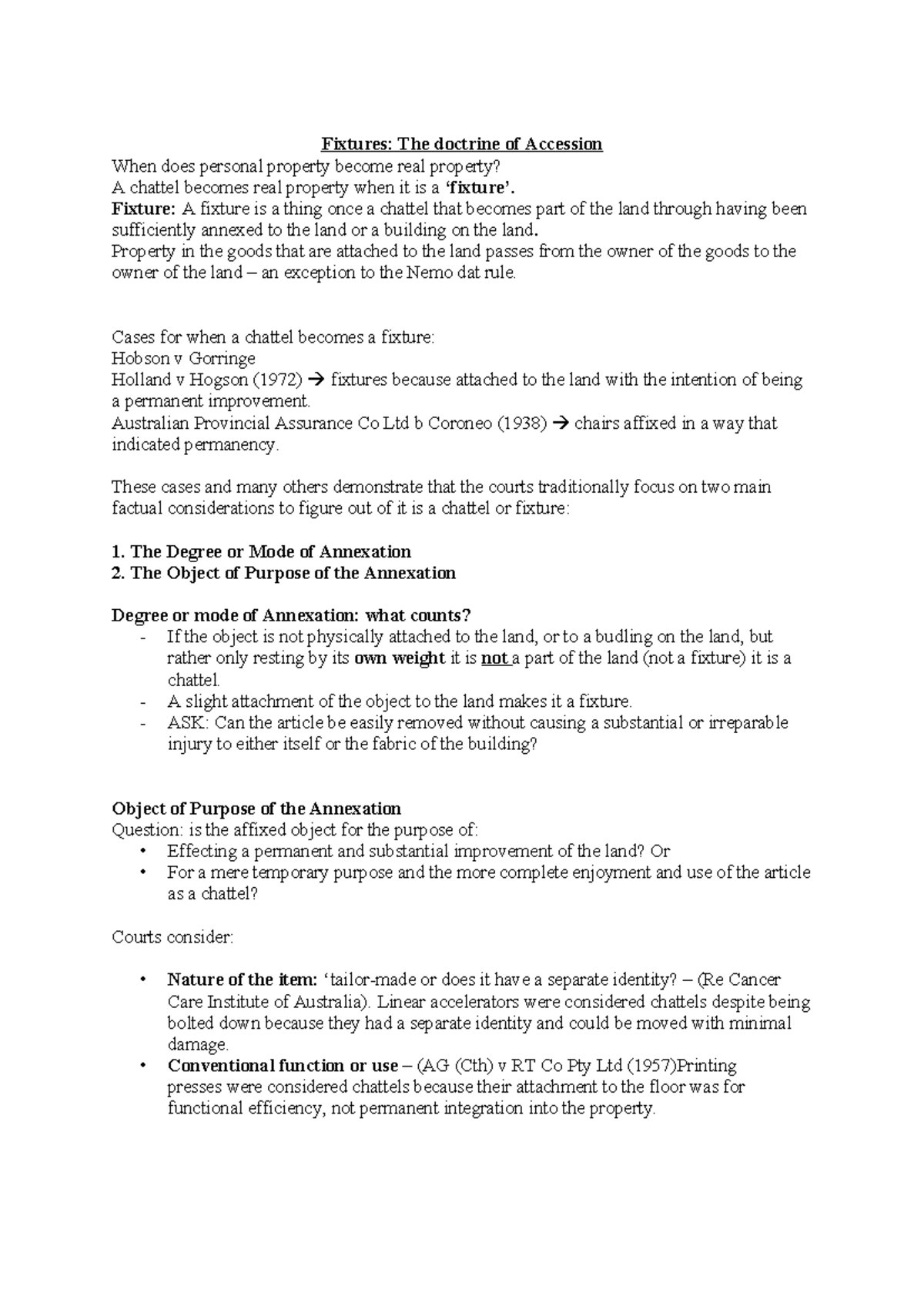 Property LAW EXAM Notes - Fixtures: The doctrine of Accession When does ...