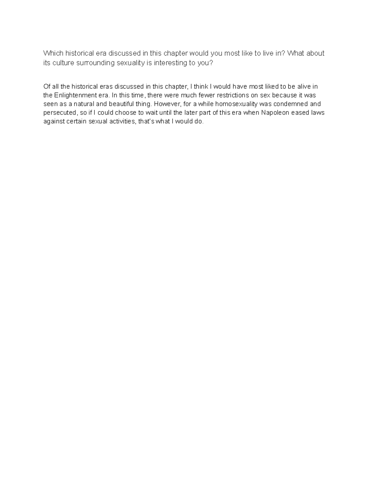 Human Sexuality Ch1 Reflection Which Historical Era Discussed In This Chapter Would You Most
