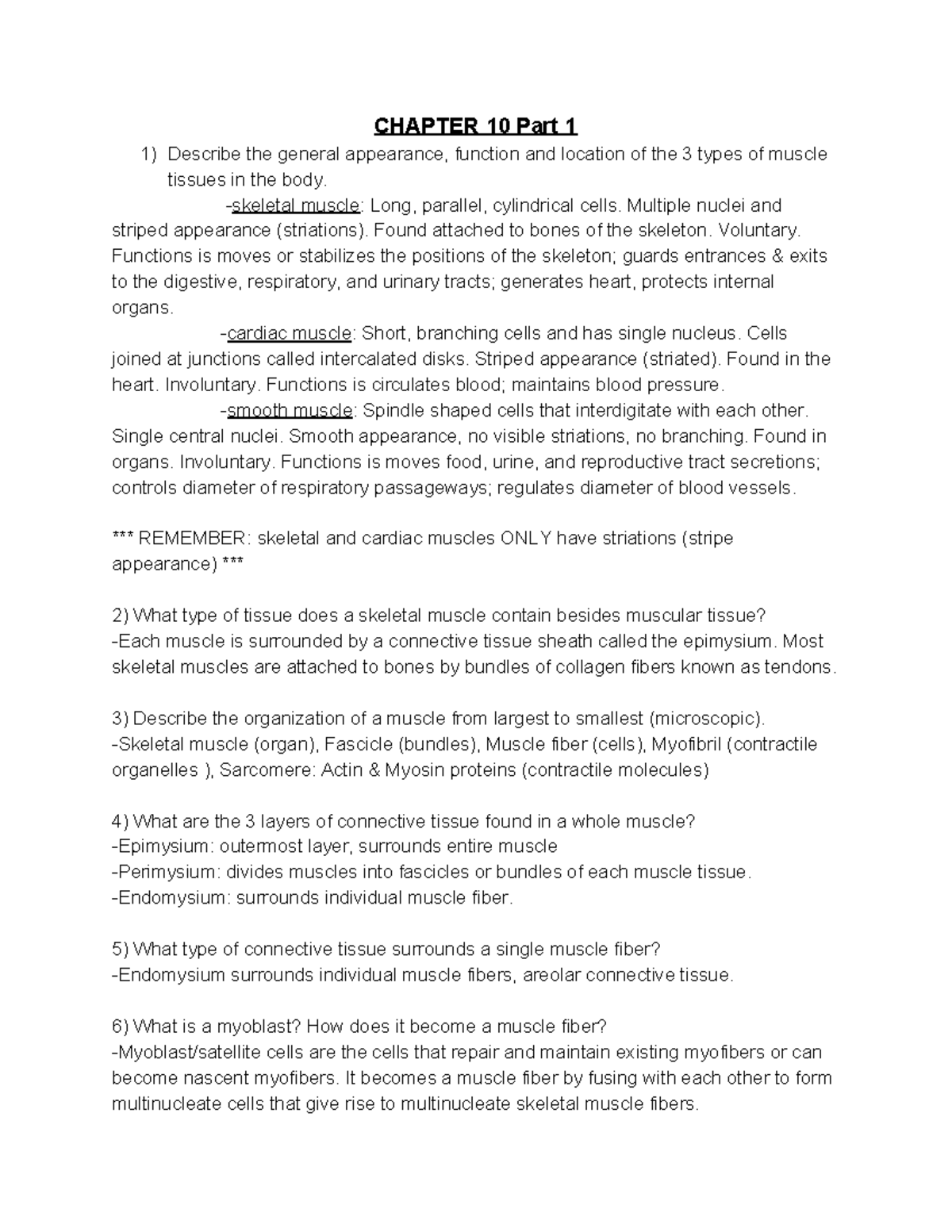 Bio - study guides for chapters 5-9 - CHAPTER 10 Part 1 Describe the ...