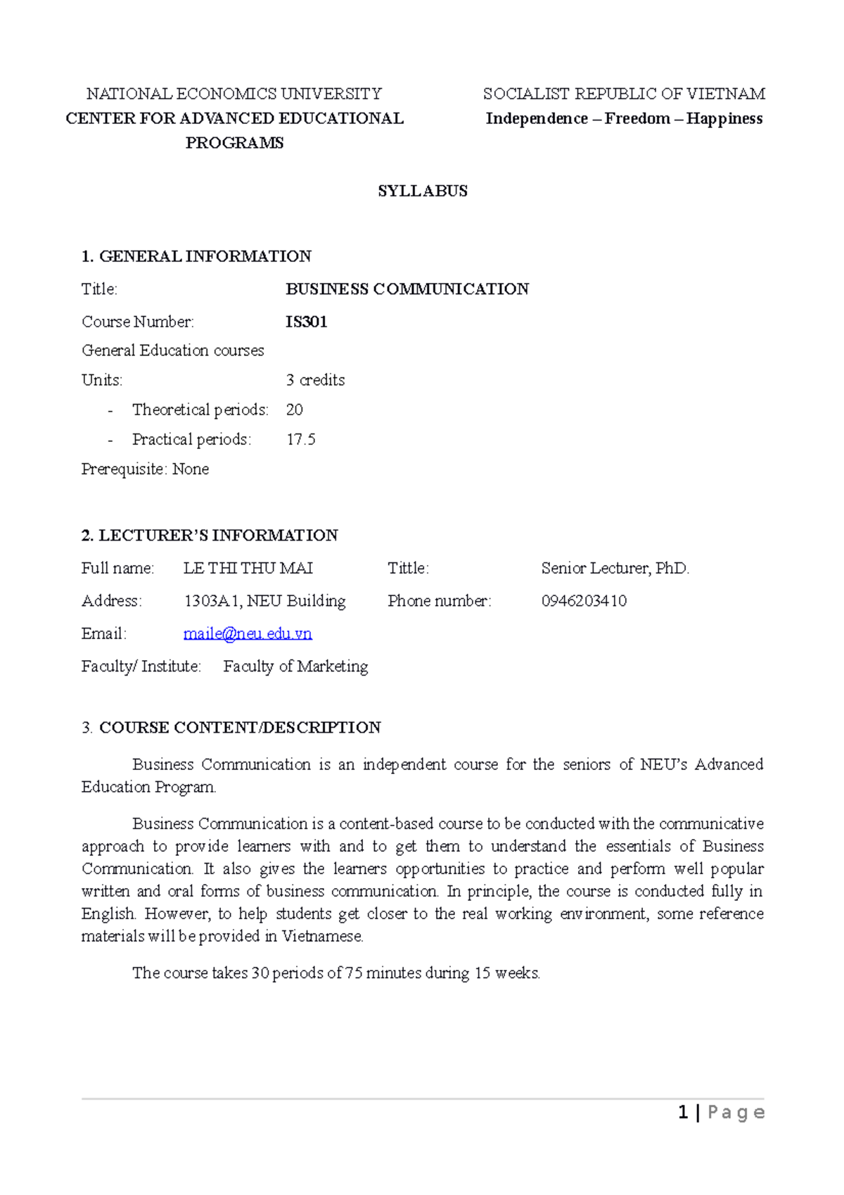Syllabus Business Communication - AEP - NATIONAL ECONOMICS UNIVERSITY ...
