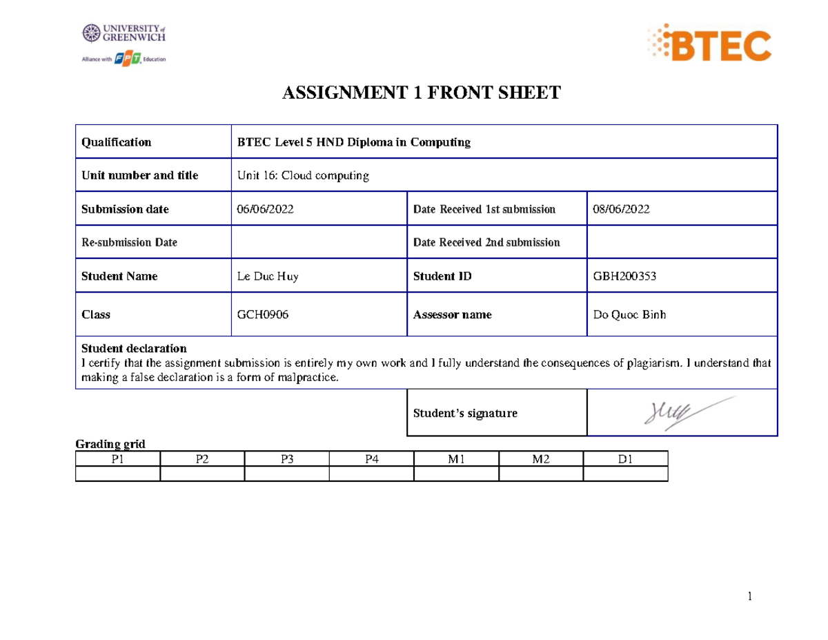 ASM 1 - Cloud Computing - Le Duc Huy - GBH2003 53 - ASSIGNMENT 1 FRONT SHEET Qualification BTEC ...