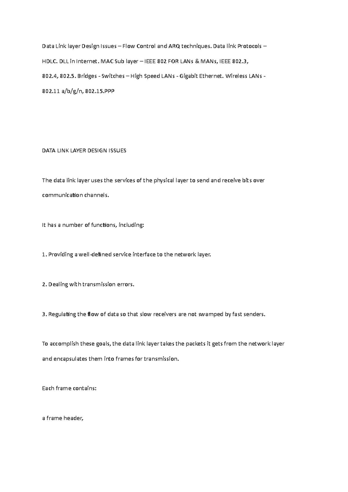 Module 2 CN - Data Link layer Design Issues – Flow Control and ARQ ...
