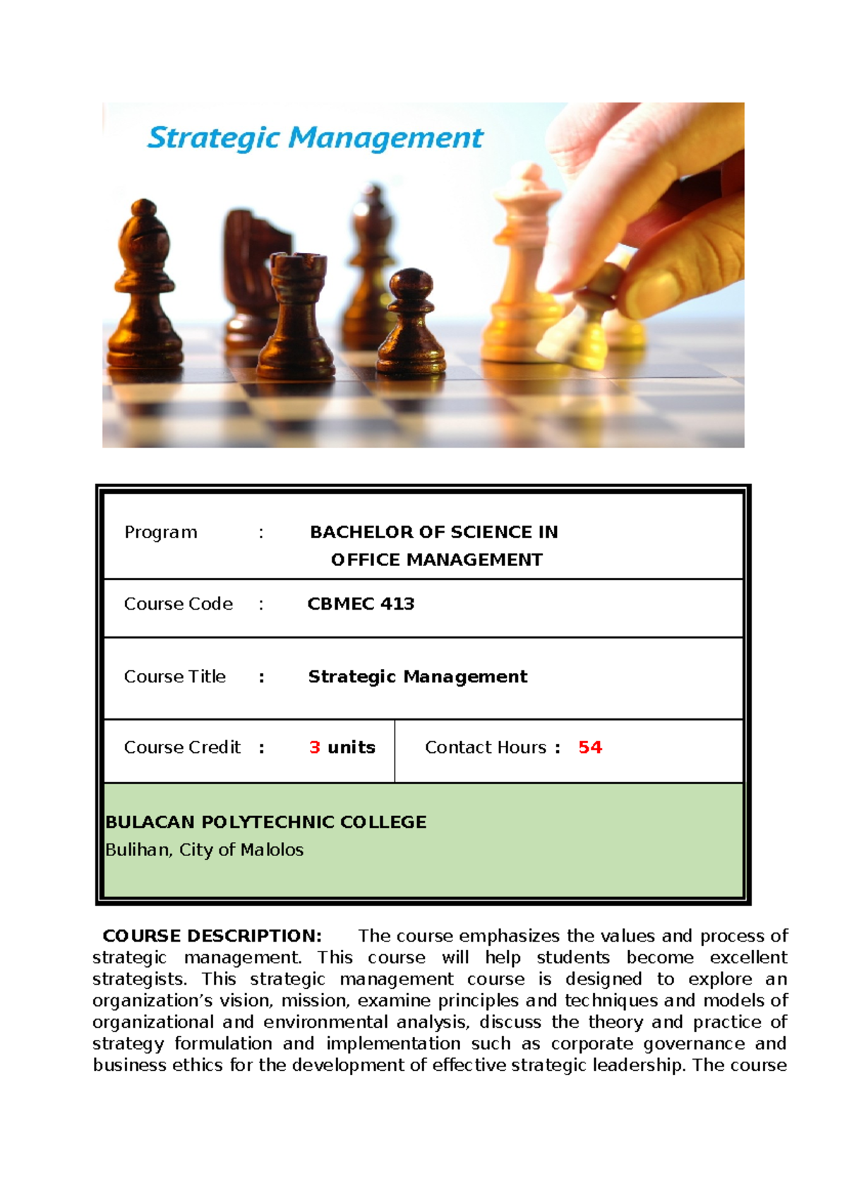 5 Strategic- Management Information-Sheet- Cbmec-413 - Program ...