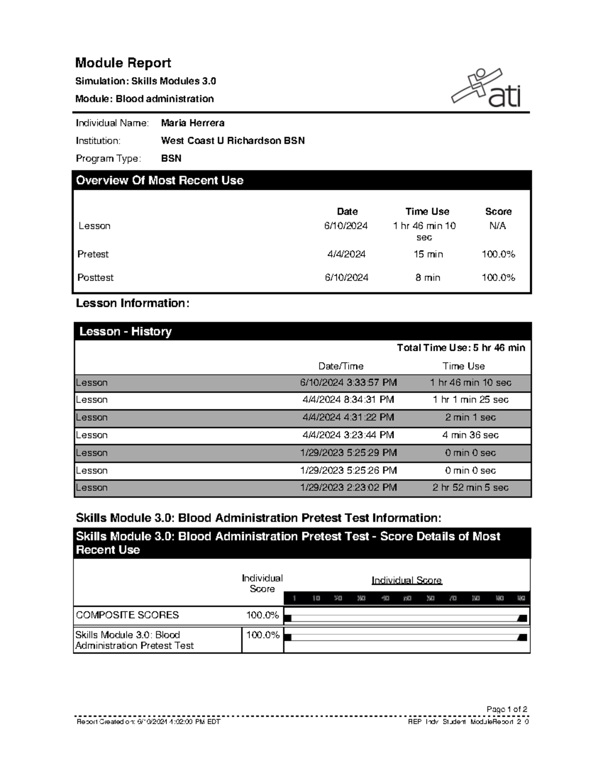 Ati Assignments - ati - Module Report Simulation: Skills Modules 3. Module: Blood administration ...