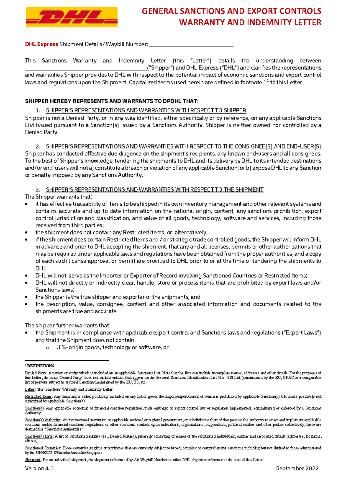 Indemnity Letter G0001 - GENERAL SANCTIONS AND EXPORT CONTROLS WARRANTY ...